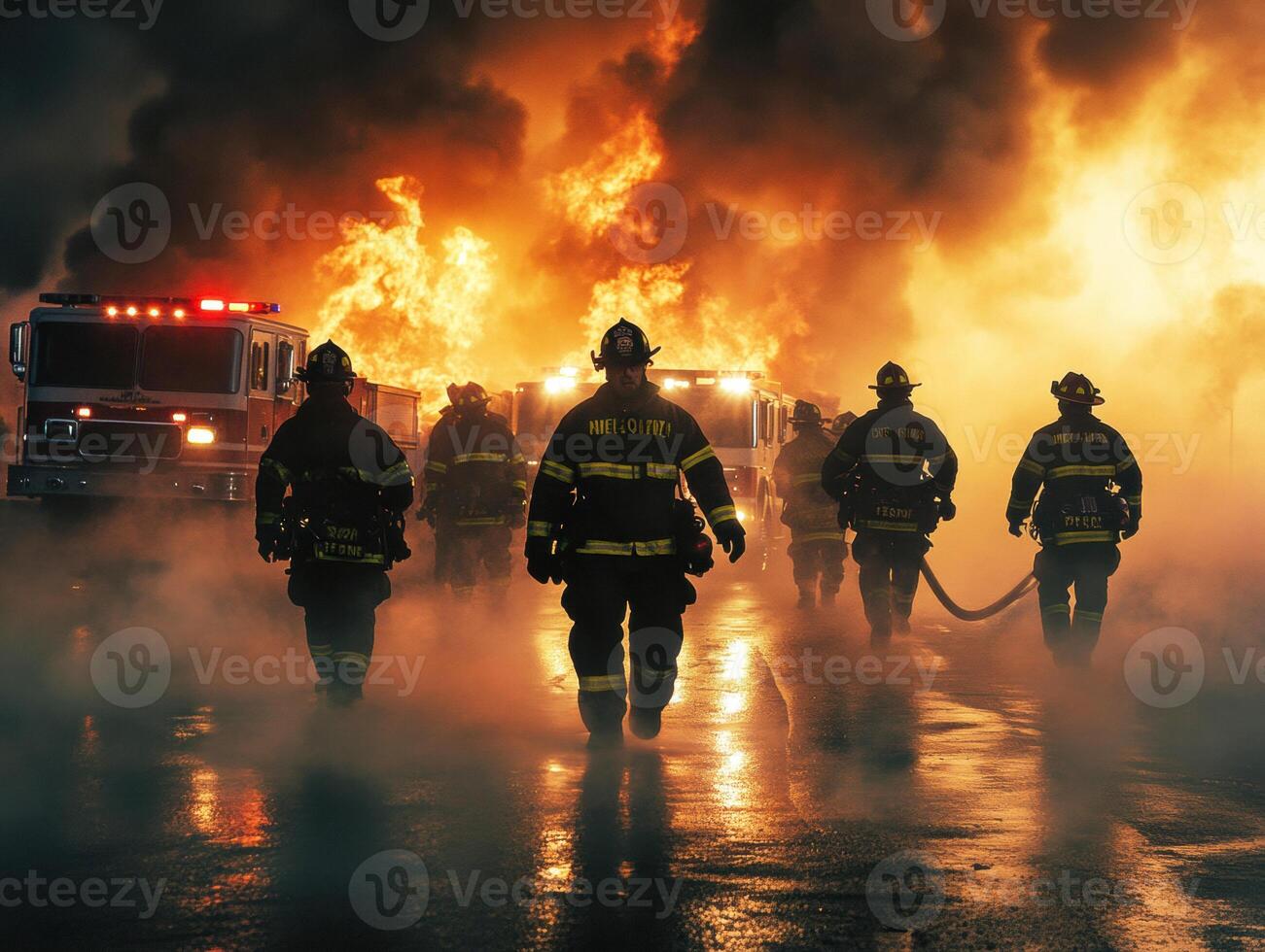 Firefighters respond to a large blaze in urban environment at night ...
