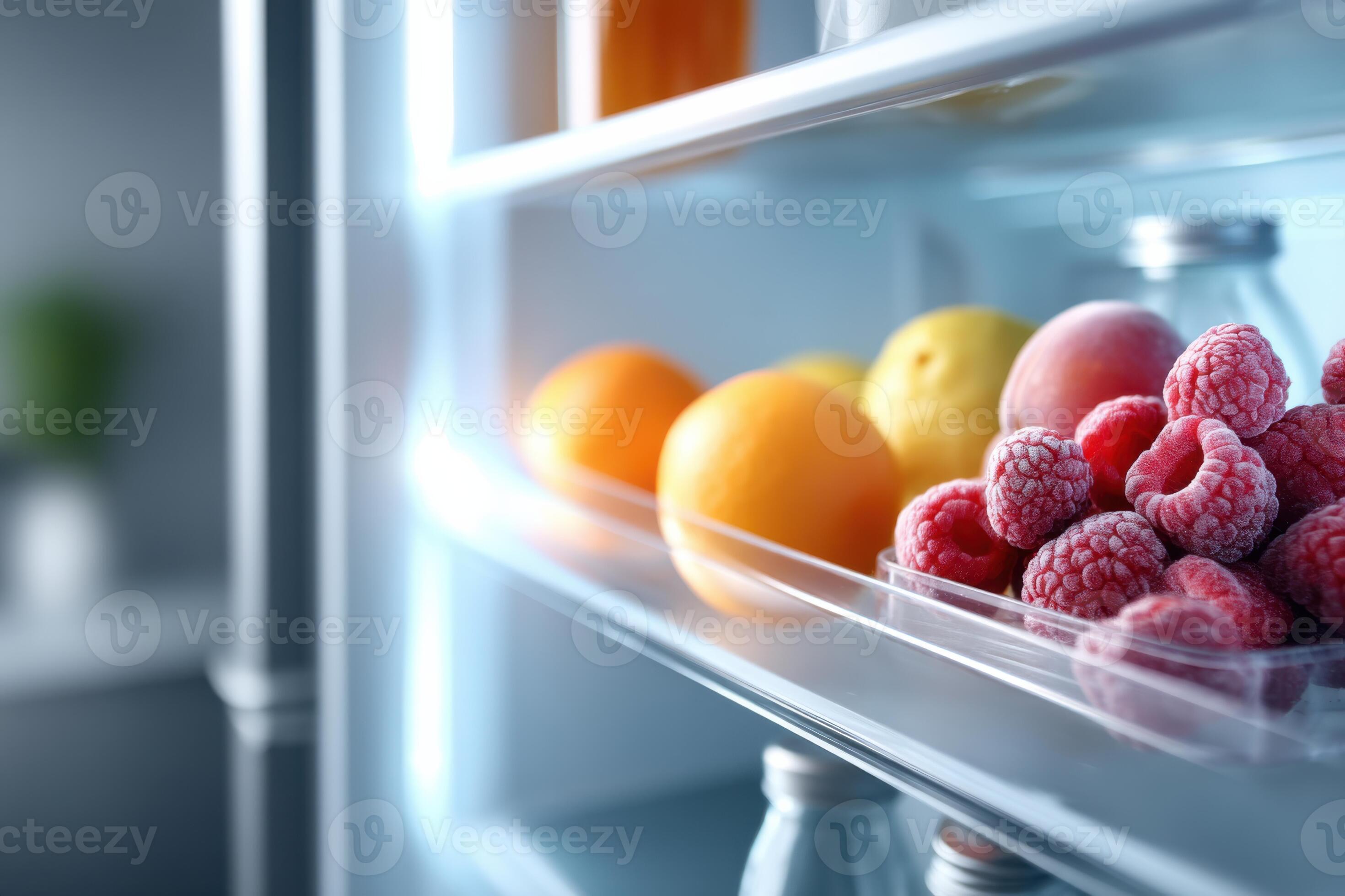 Bright and colorful remnants showcase fresh fruits and vibrant items inside an open refrigerator ...