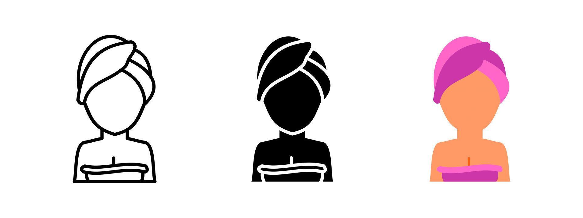 Spa woman icon. Female figure with towel wrap on head and shoulders illustration. Beauty and ...