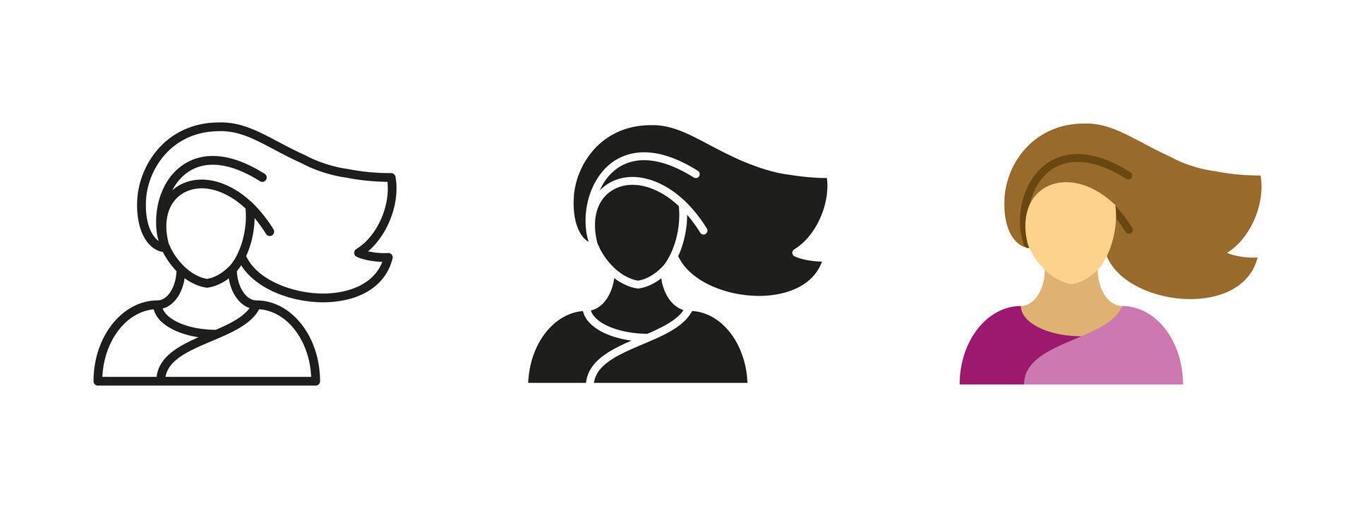 Woman icon. Female head with long flowing hair illustration. Elegant hairstyle and fashionable ...