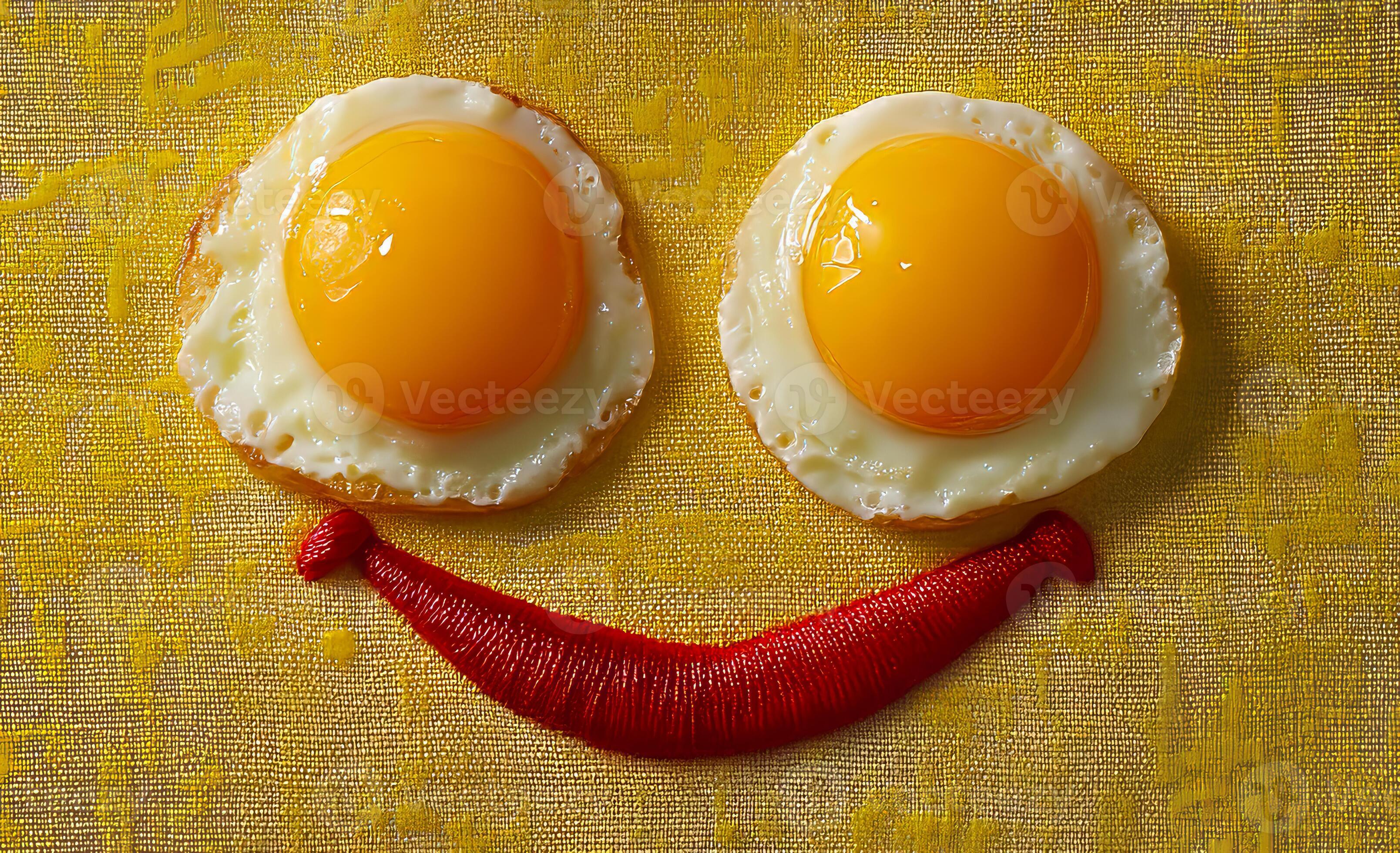 Eggs with a smiley face. Breakfast features two sunny-side-up eggs arranged as eyes with a red ...