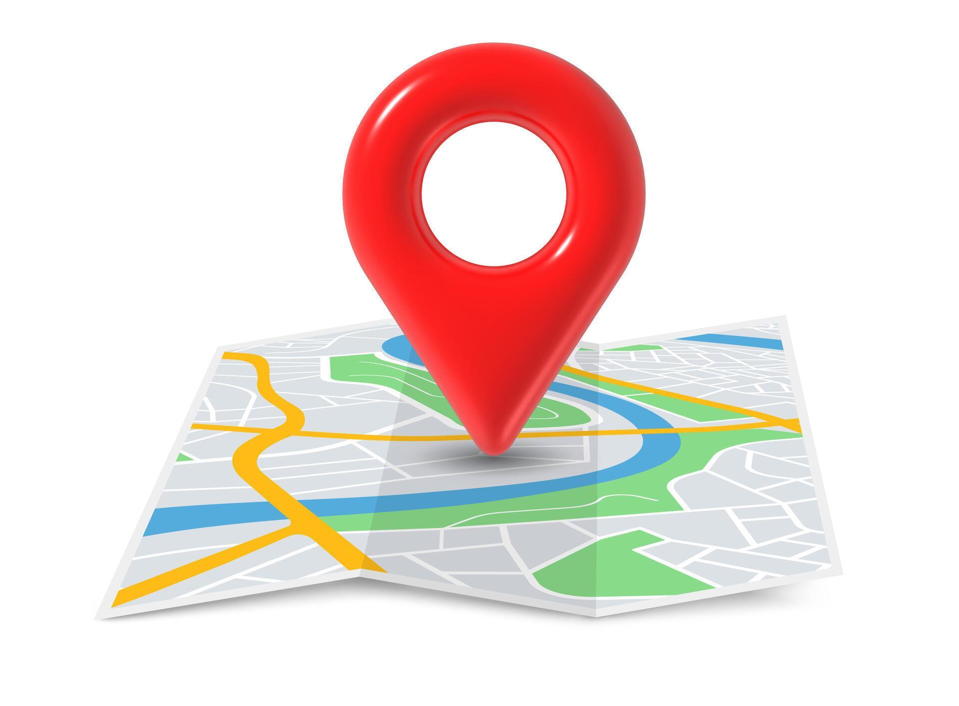 3d red pin with city map. Red plastic push pin on folded paper map, point marker. Place position ...