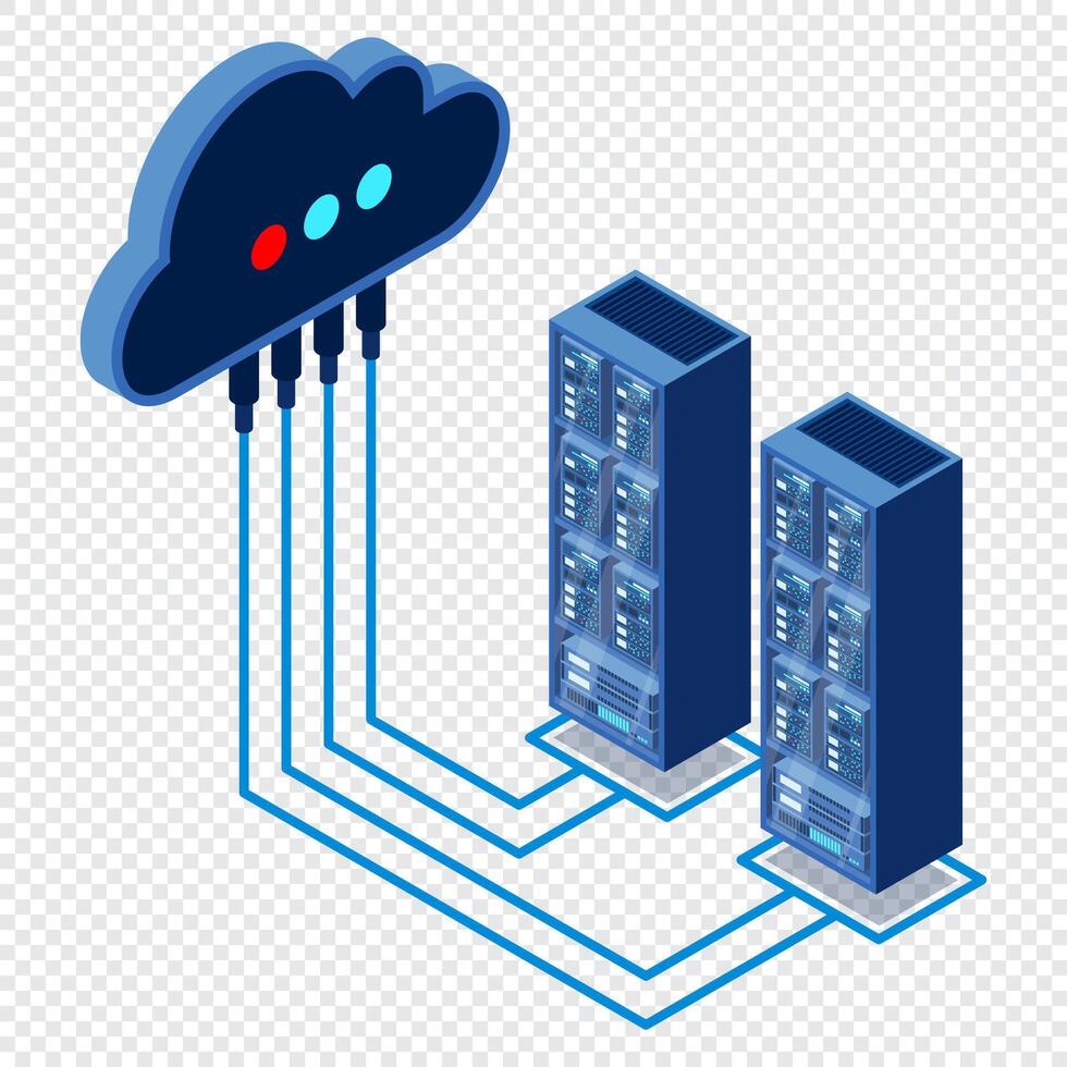 Cloud technology computing concept. Data center concept. Cloud storage. Server room isometric ...