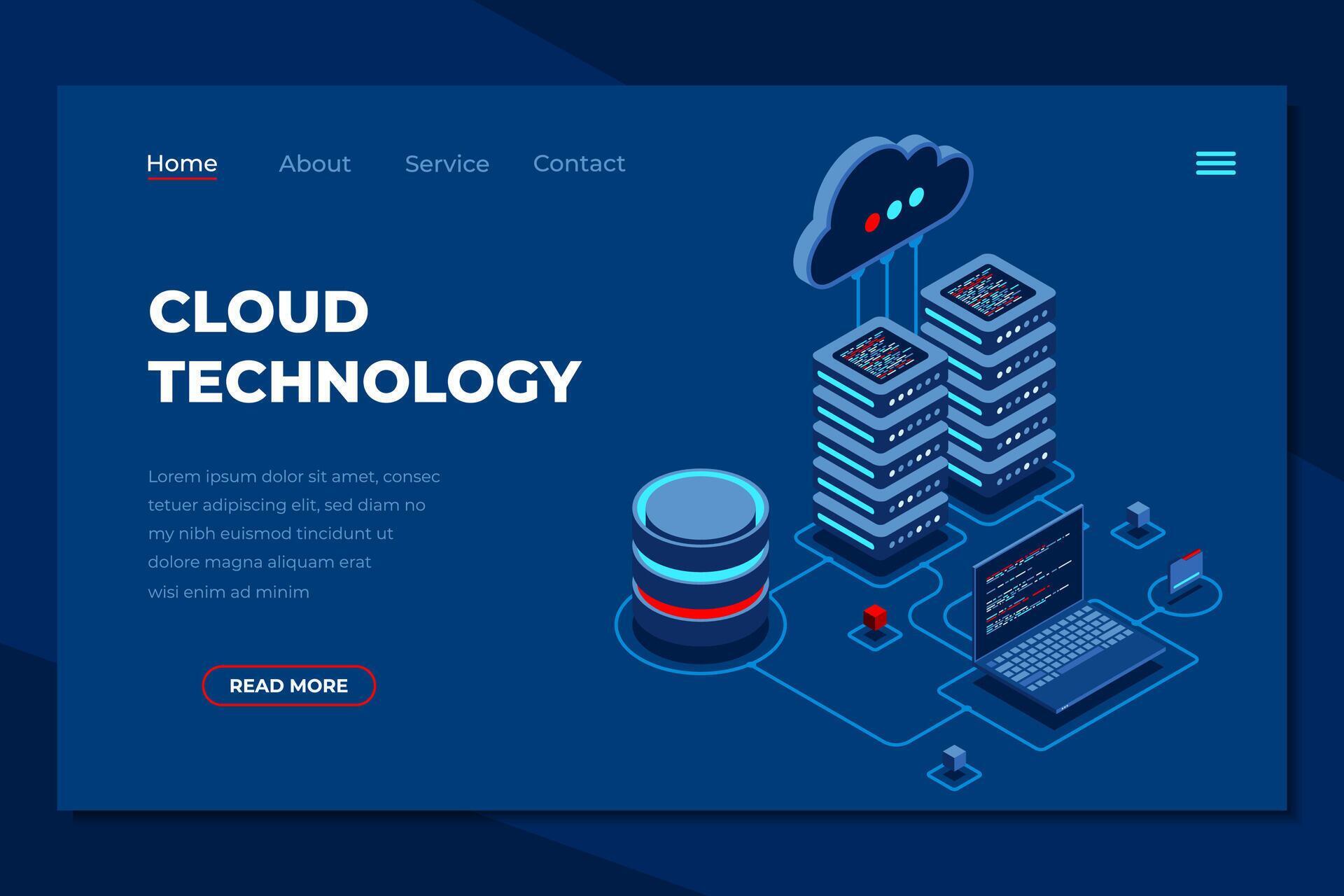 Cloud computing isometric landing page. Cloud storage server. Cloud computing online database ...