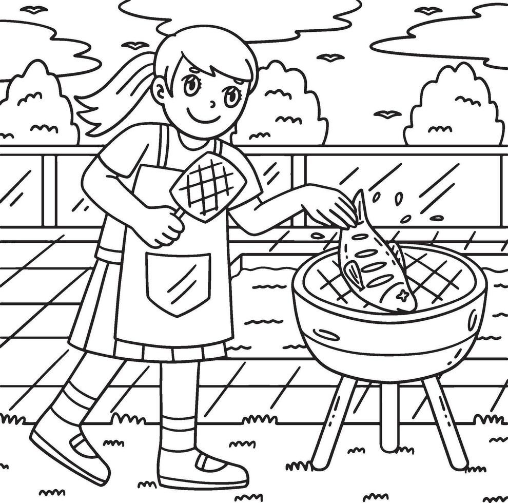 BBQ and Grilling Girl Putting Food Coloring Page 65678064 Vector Art at ...