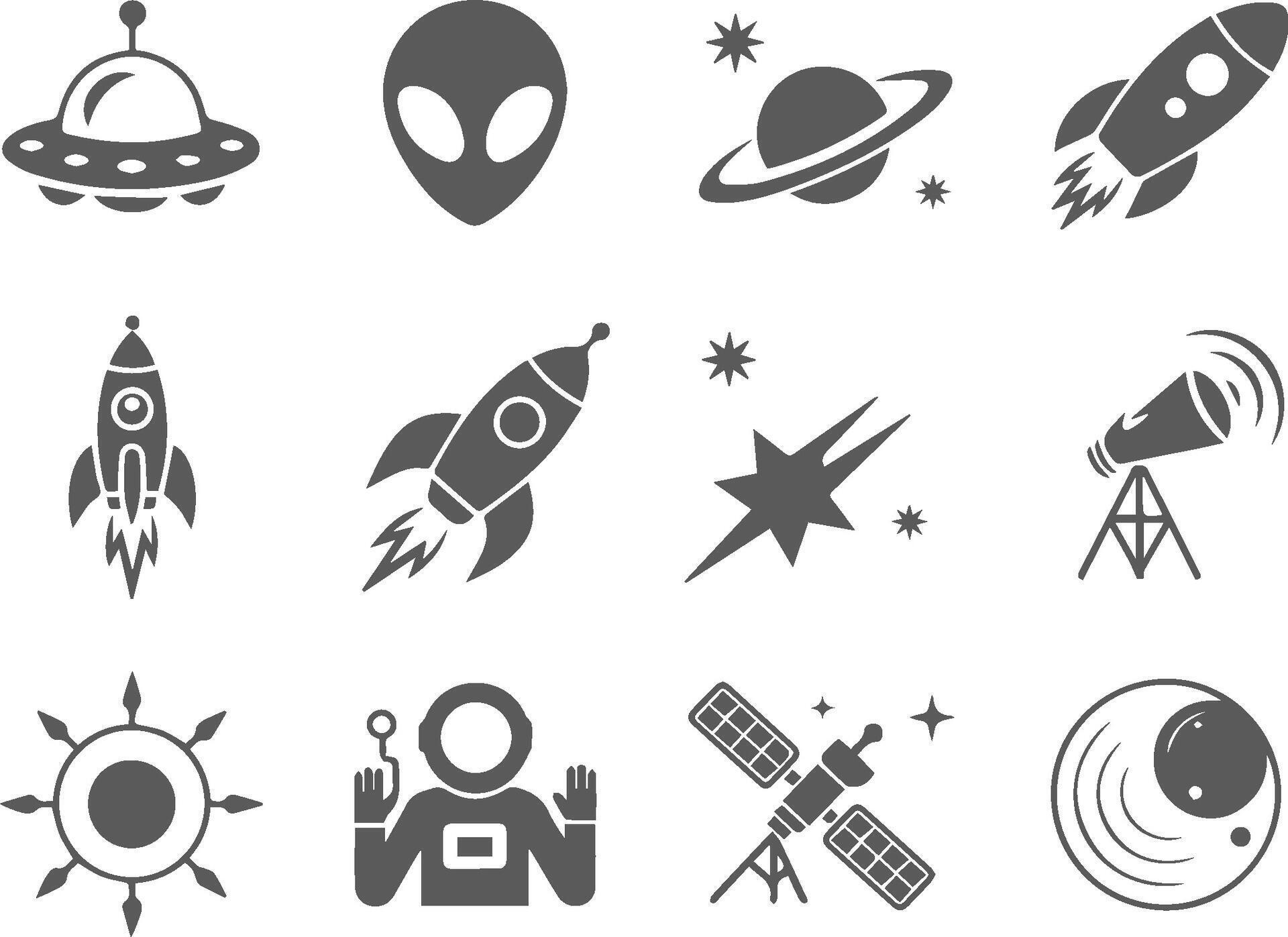 Space exploration icon set featuring astronaut rocket spaceship alien and planetary objects ...
