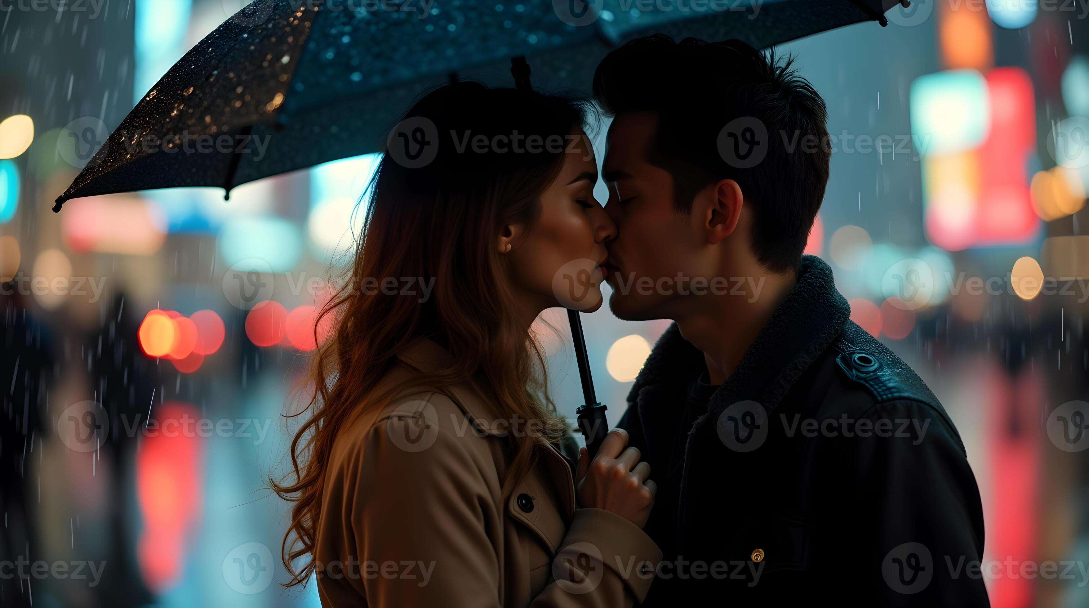 A man and woman kissing under an umbrella in the rain 65715755 Stock Photo at Vecteezy