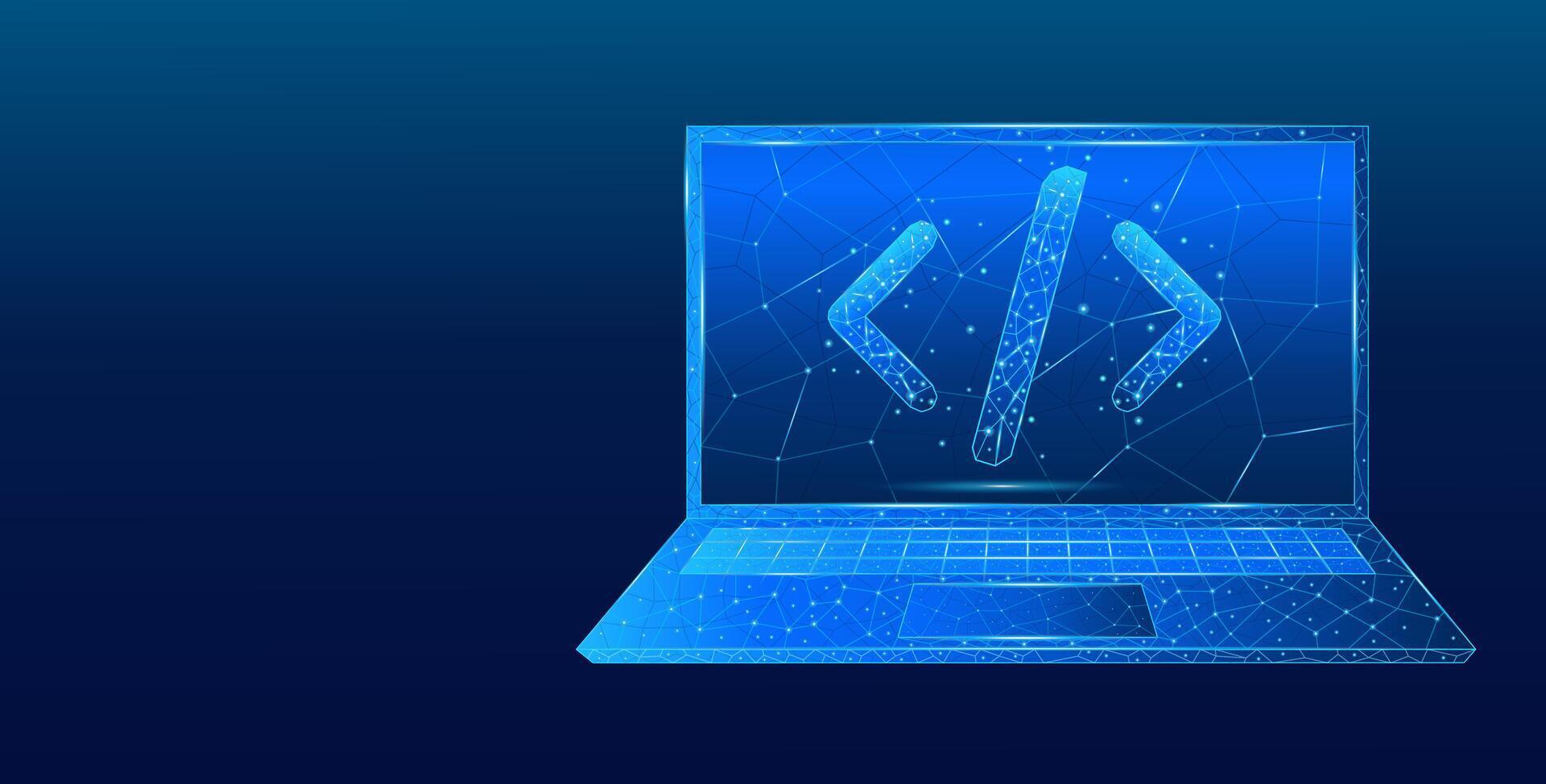 Abstract programming code icon on a laptop screen in low poly style on a tech background ...