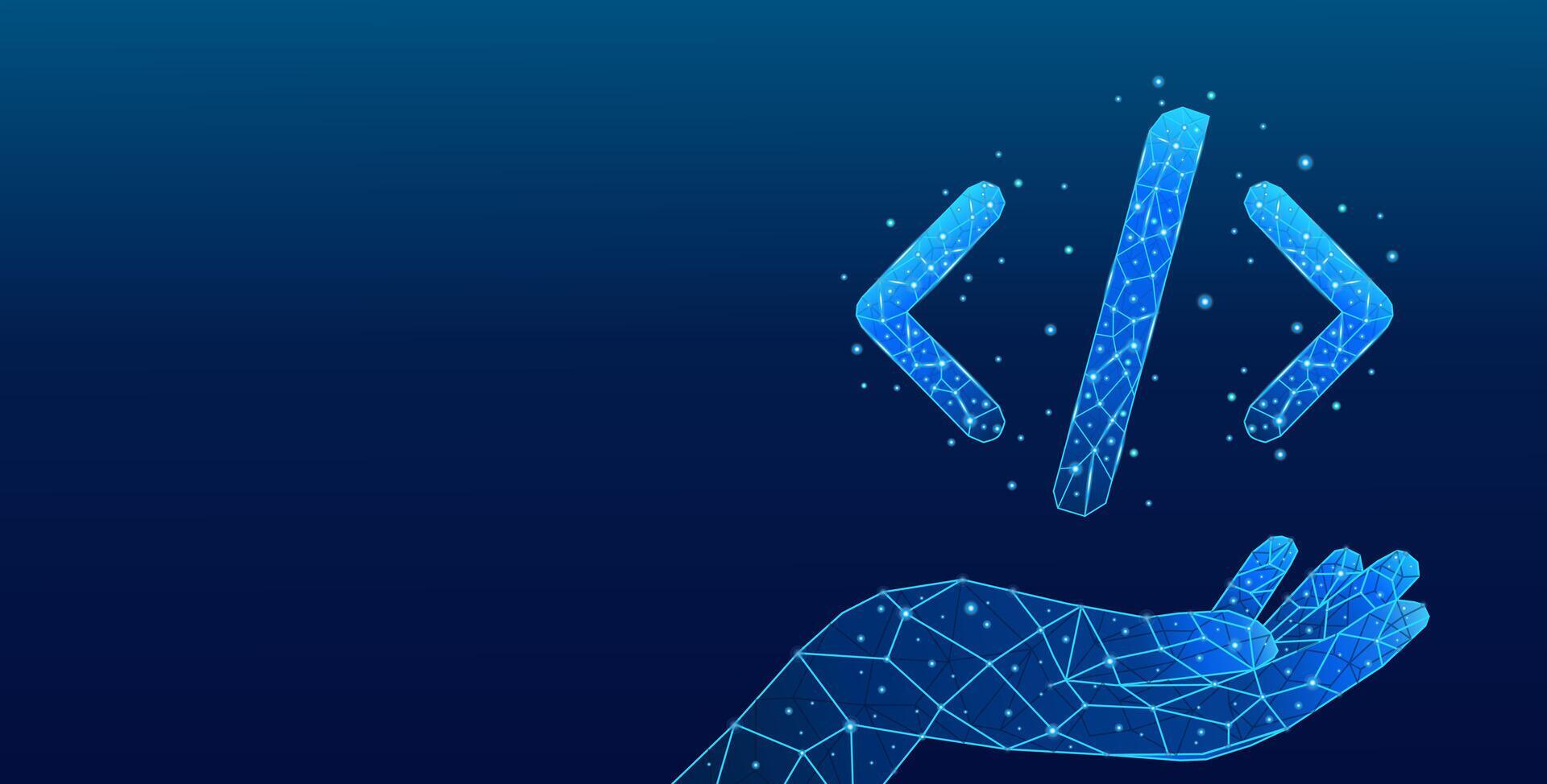 Hand holding a 3D digital programming code symbol in a light blue style on a technological ...