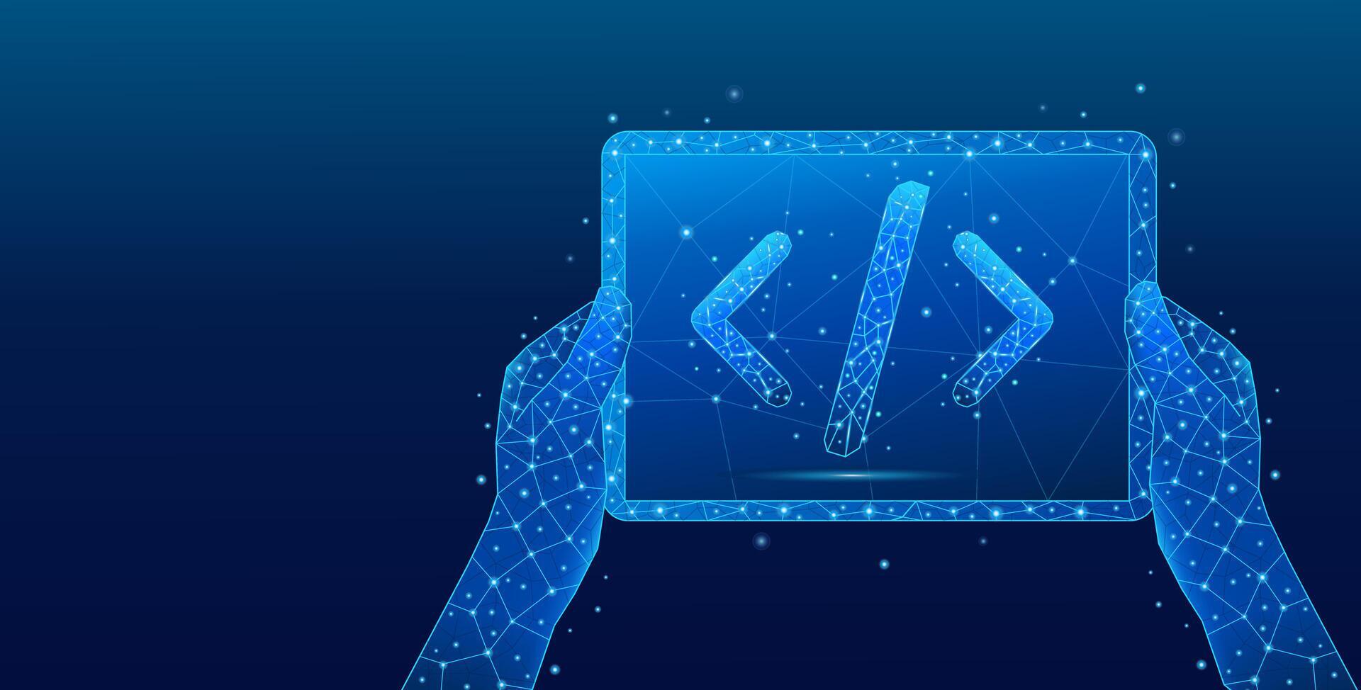 Hands holding a tablet, close-up, digital programming code symbol ...