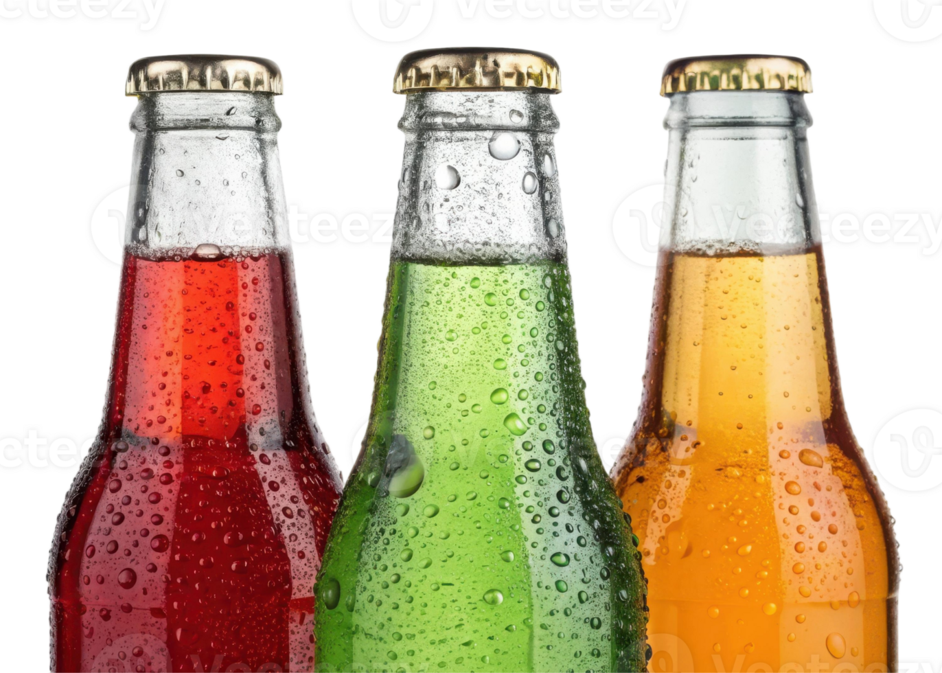 Three glass bottles filled with colorful soda and covered in condensation on a transparent ...