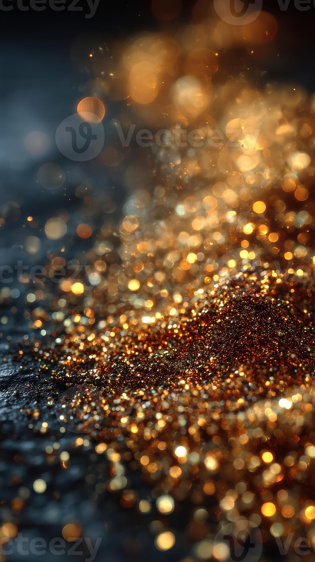 Sparkling golden particles shimmer in bright light creating an enchanting effect on a dark ...