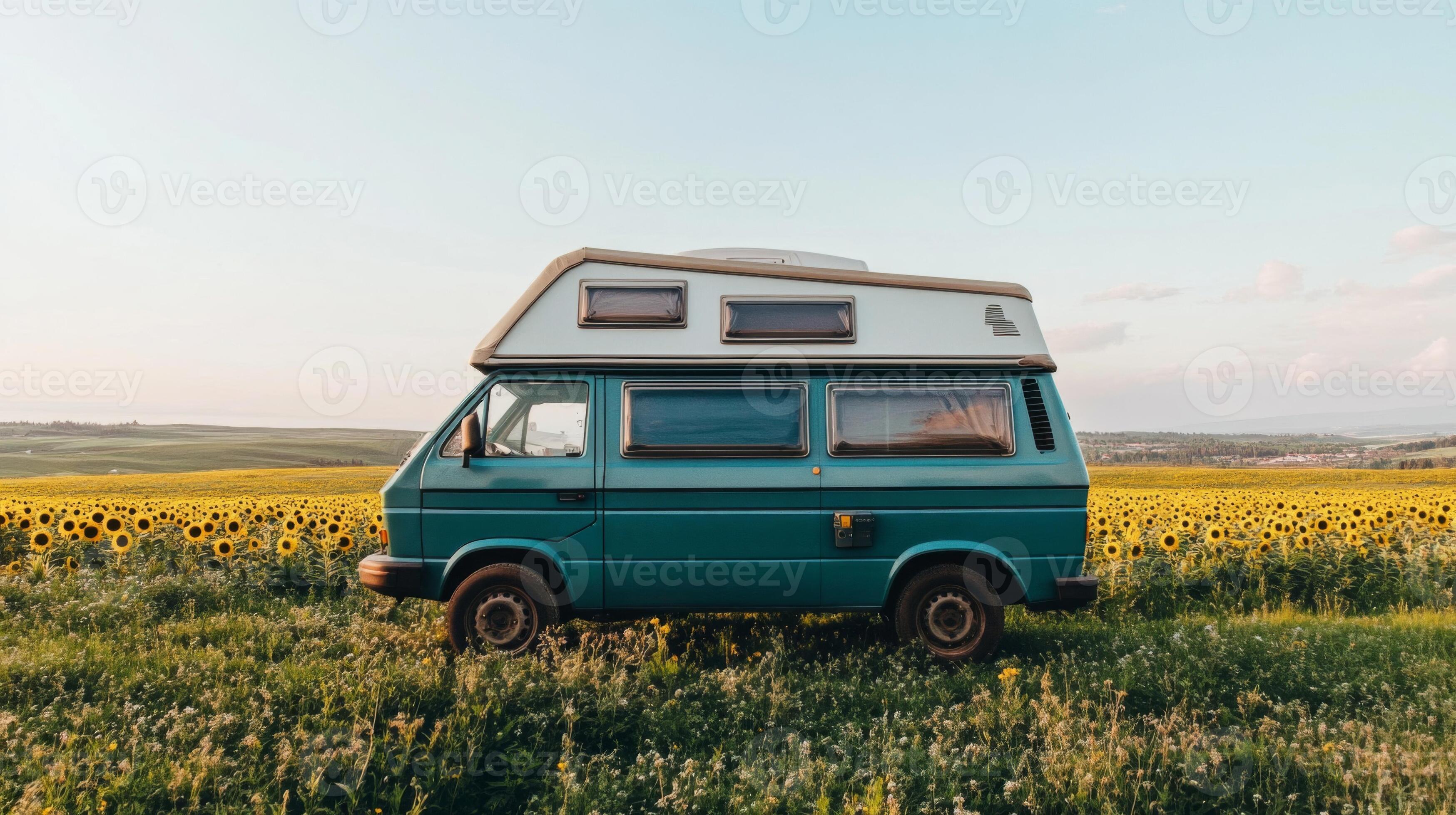 Teal Vintage Camper Van Parked in a Sunflower Field 65801837 Stock Photo at Vecteezy