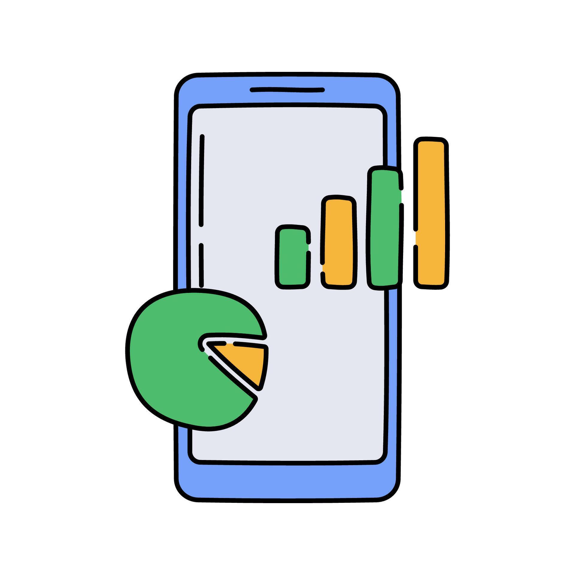Smartphone Analytics Flat design style, smartphone with bar charts and pie charts, representing ...