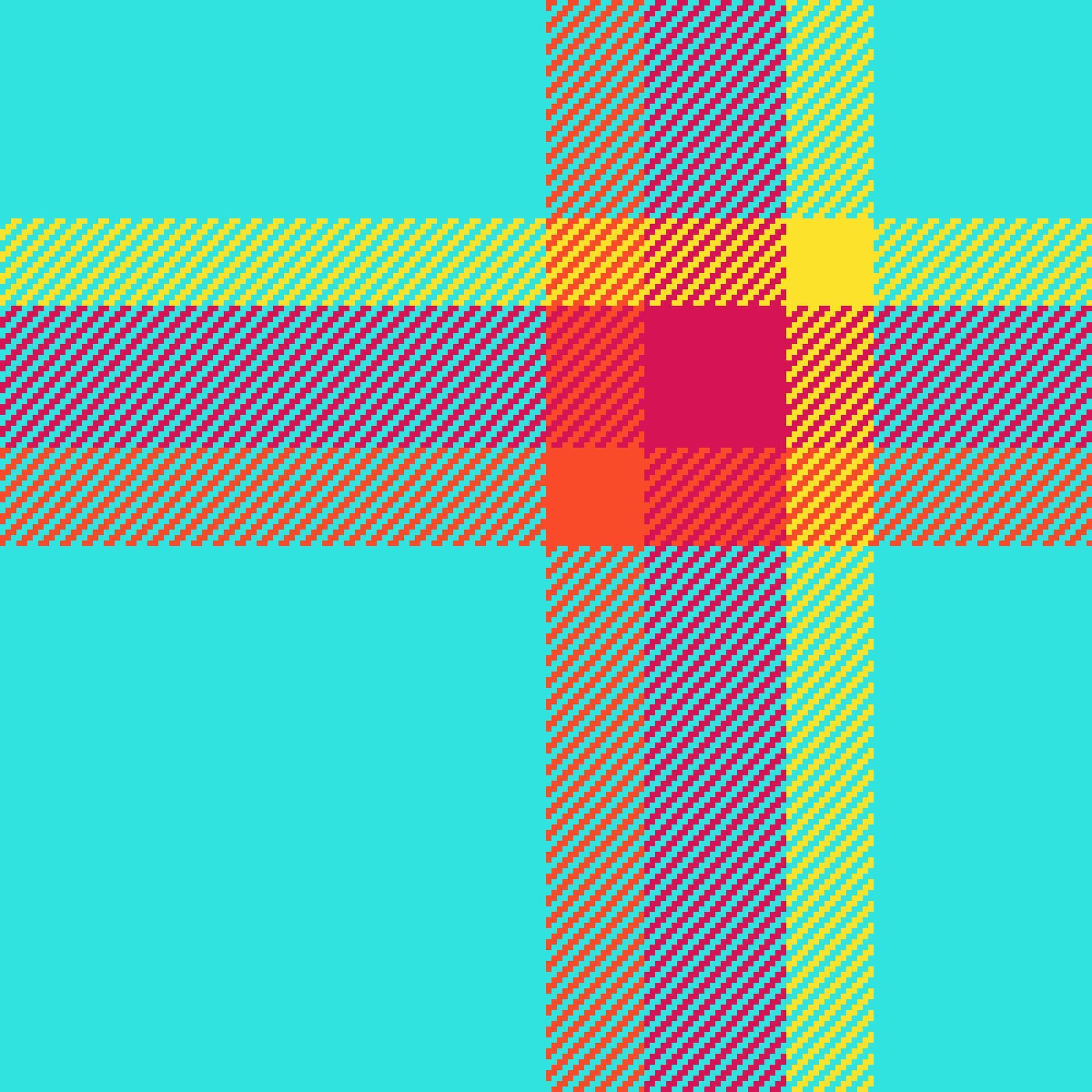Vibrant teal background adorned with a bold, intersecting plaid pattern in shades of yellow ...