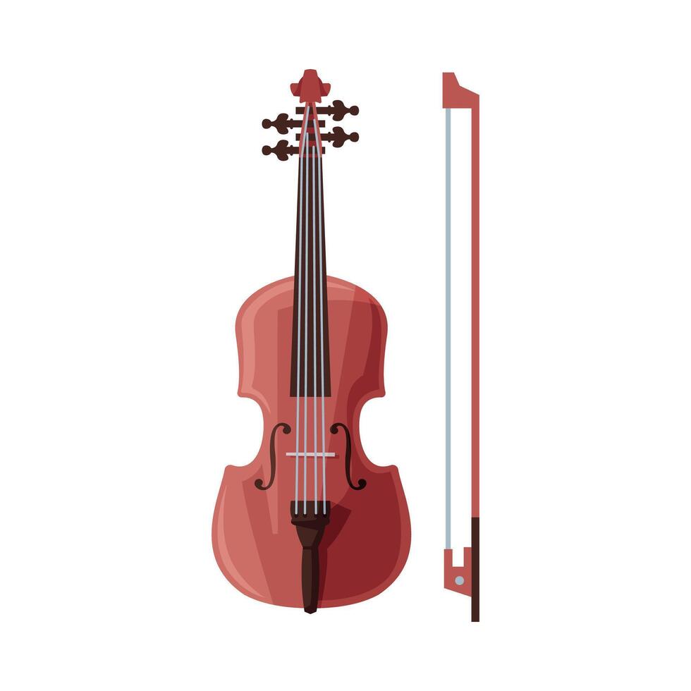 Violin And Bow Classical String Musical Instrument Flat Illustration On White Background