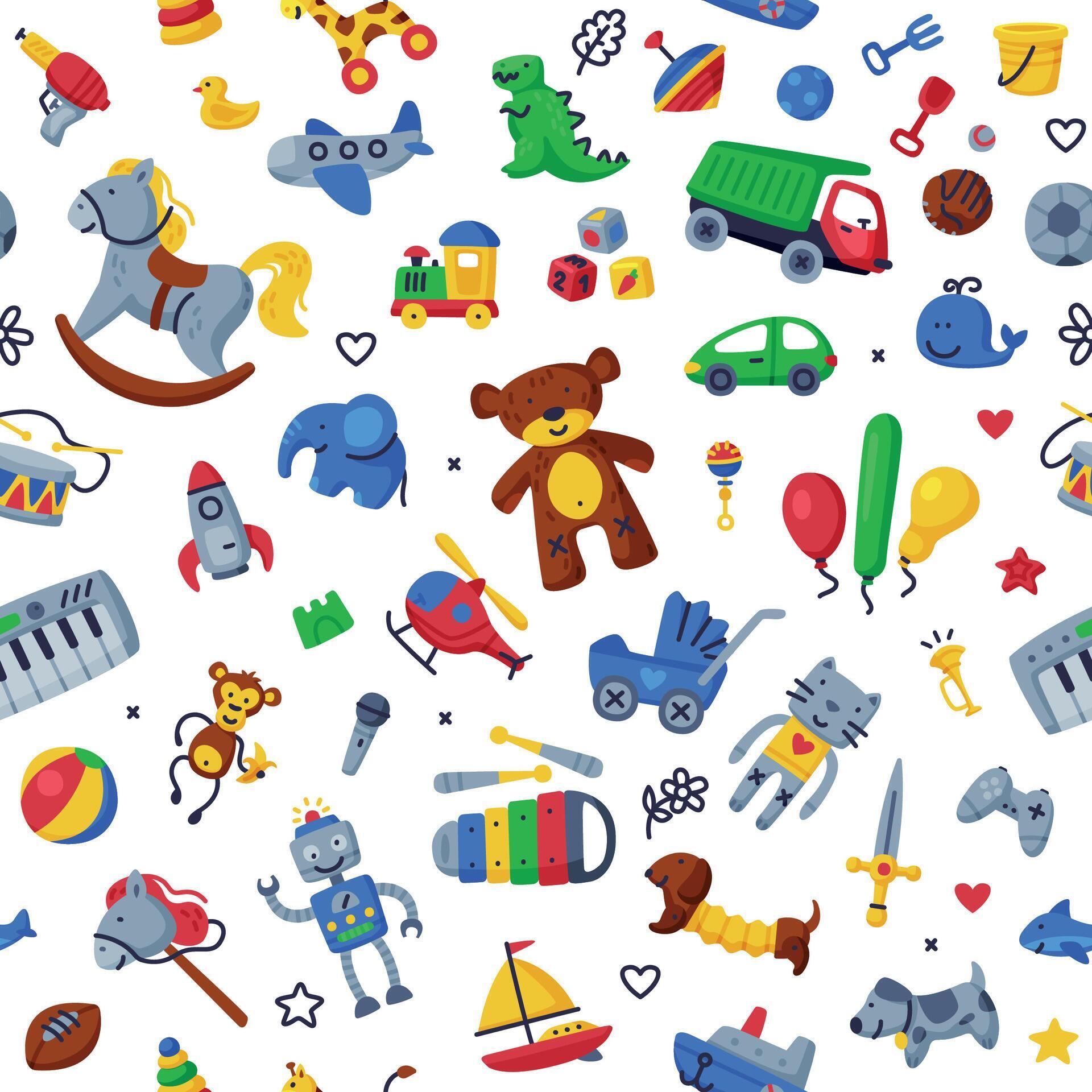 Children Toys Seamless Pattern, Cute Colorful Various Objects for Kids ...