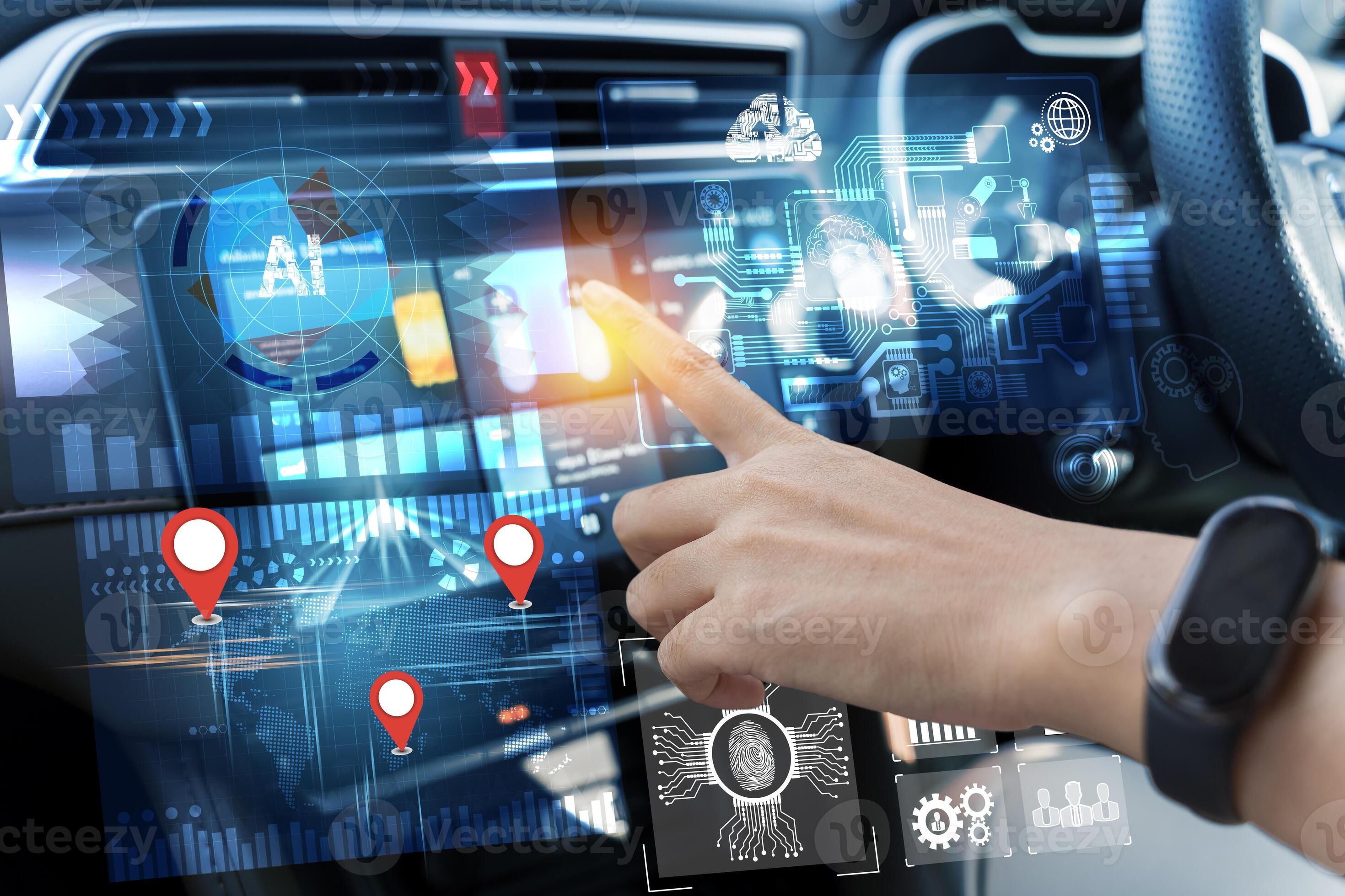 Smart car dashboard interface with AI and GPS technology in use by ...