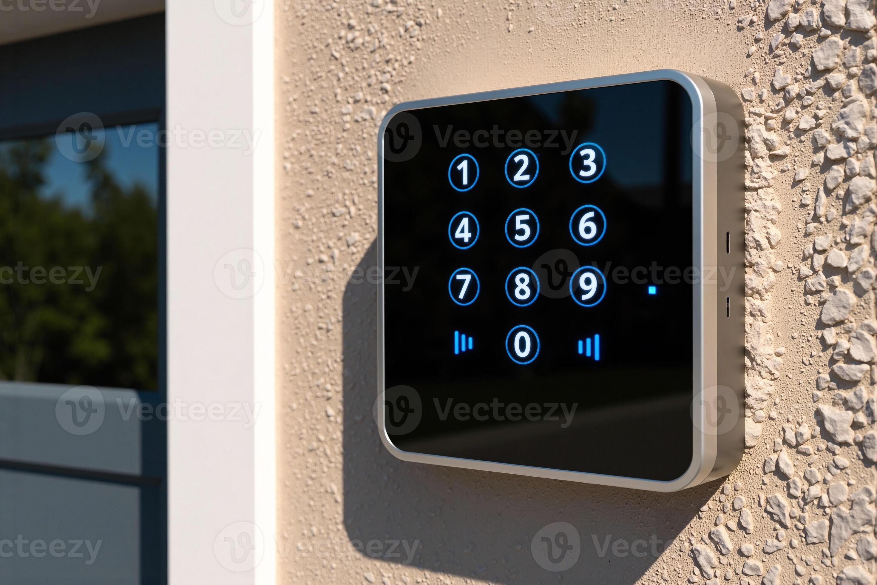 Modern square digital security keypad mounted on an exterior textured wall beside a door frame ...