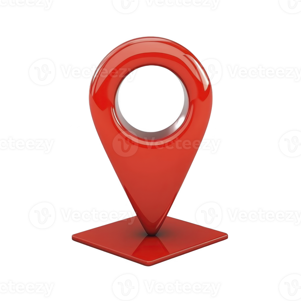 shiny red 3D map pin icon stands on square base, symbolizing location or navigation. glossy ...