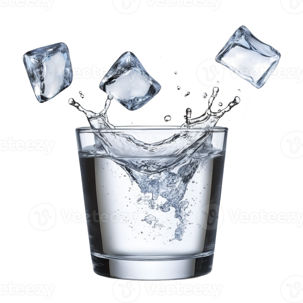 Glass of water with ice cubes splashing into it, creating dynamic water splashes. image captures ...