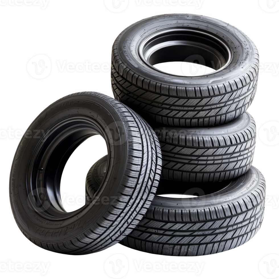 Stack of four black car tires with detailed tread patterns is displayed, showcasing their ...