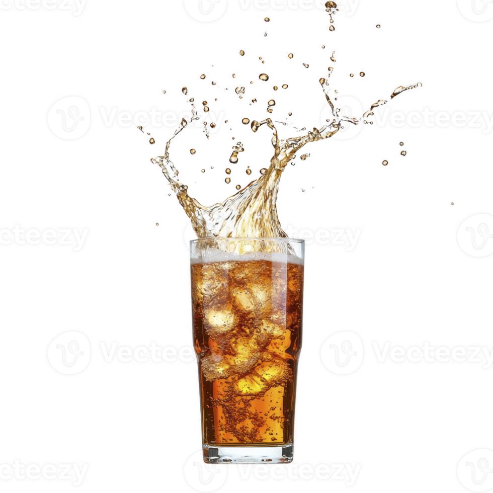 refreshing splash of erupts from glass filled with ice cubes, capturing effervescent energy of ...