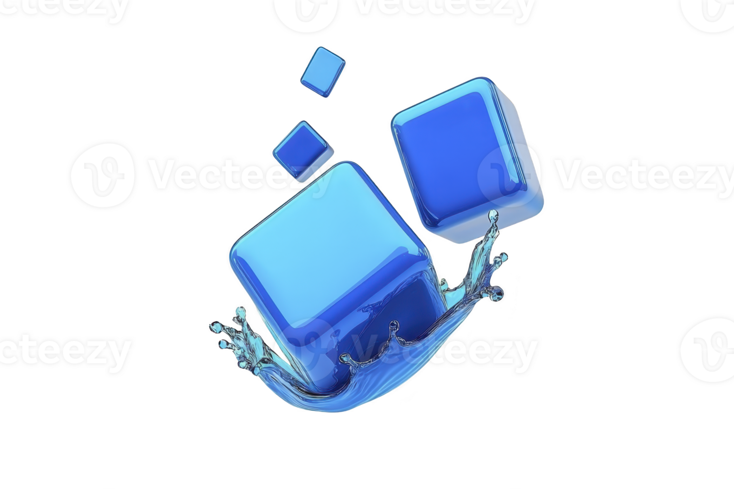 Two blue ice cubes splash into water, creating dynamic and refreshing scene. cubes are in mid ...