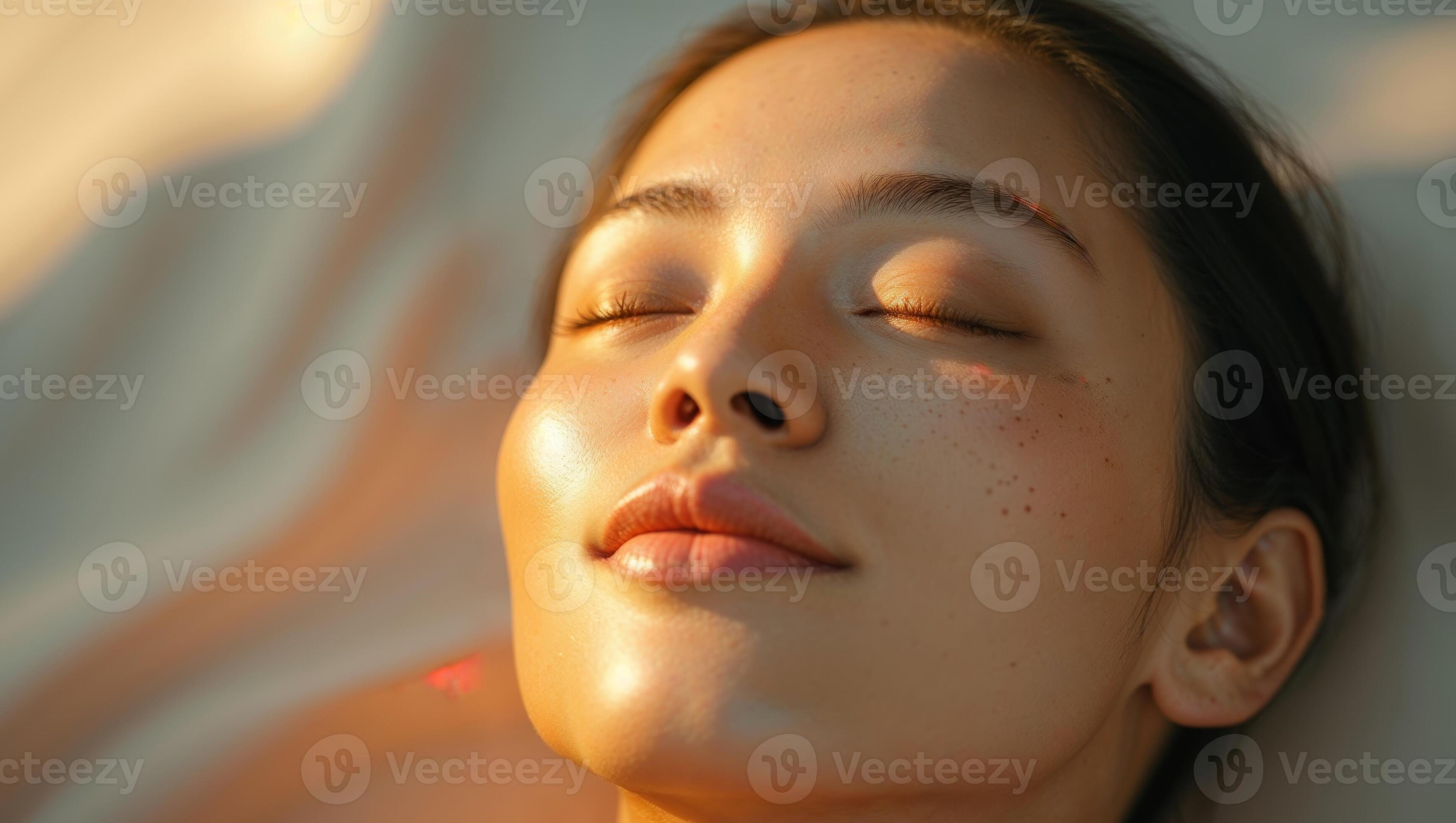 Sun kissed face eyes closed peaceful expression soft light highlights skin texture 65859611 ...