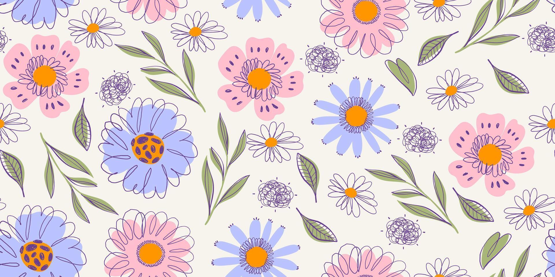 Cottage Core Flower Seamless Pattern with Cute Nature Wild Field ...