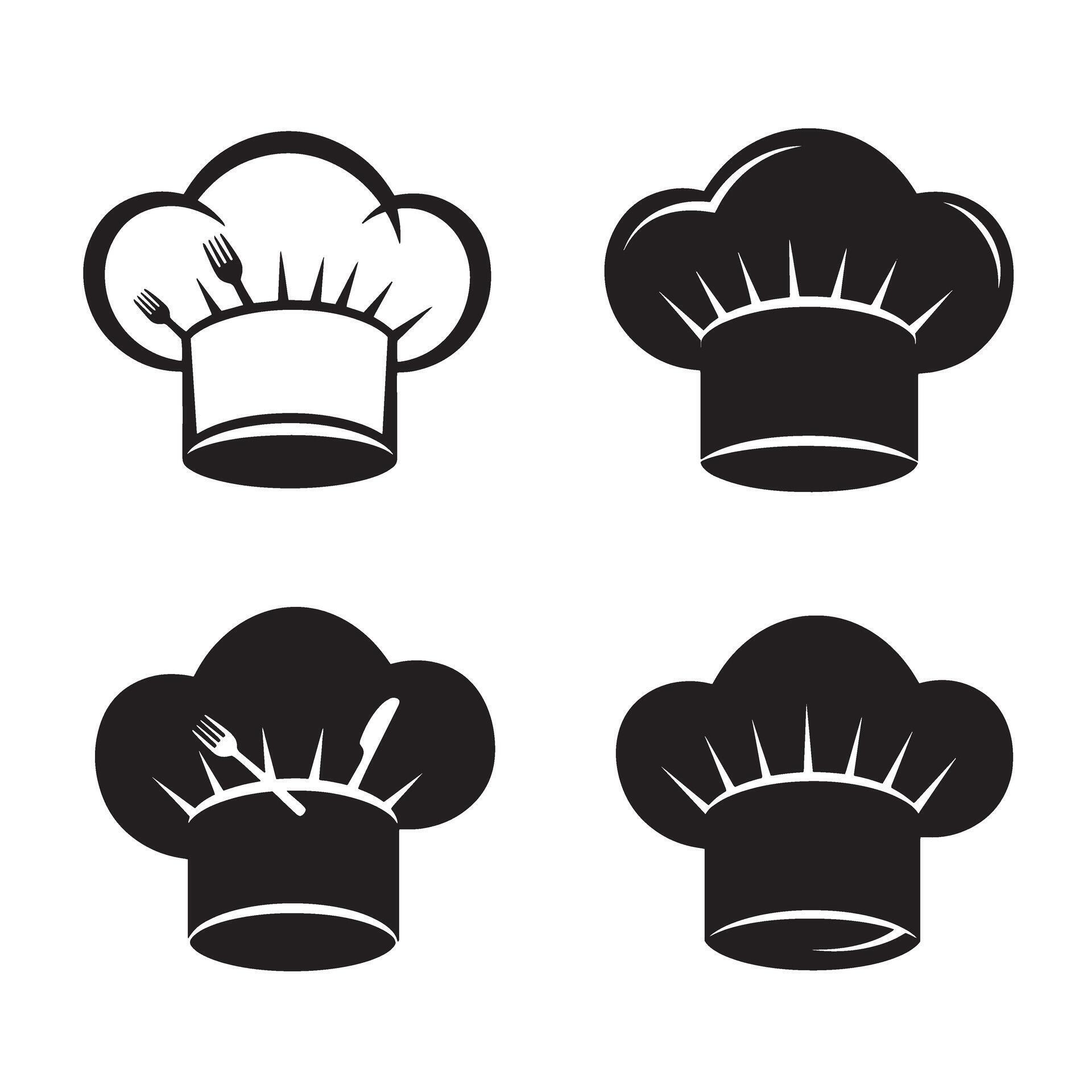 Set of four simple chef hat icons featuring utensils isolated on a ...