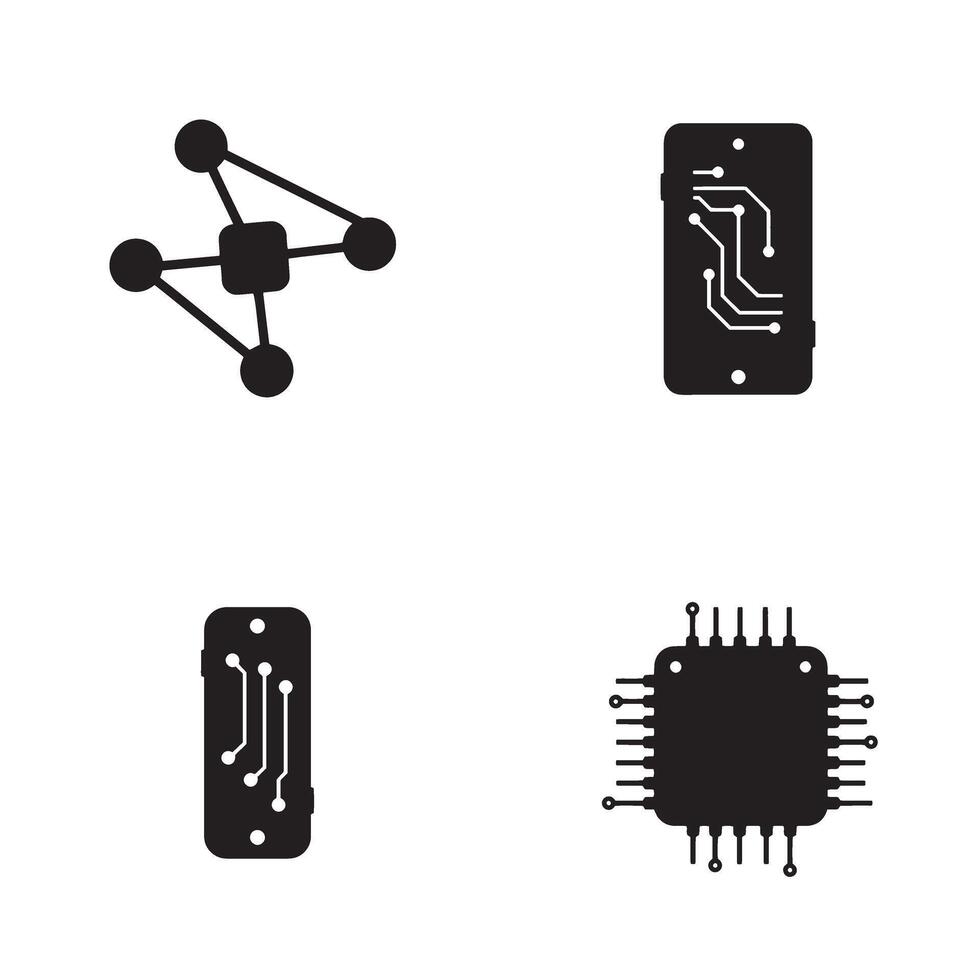 Digital technology icons representing networking mobile communication and microchip components ...