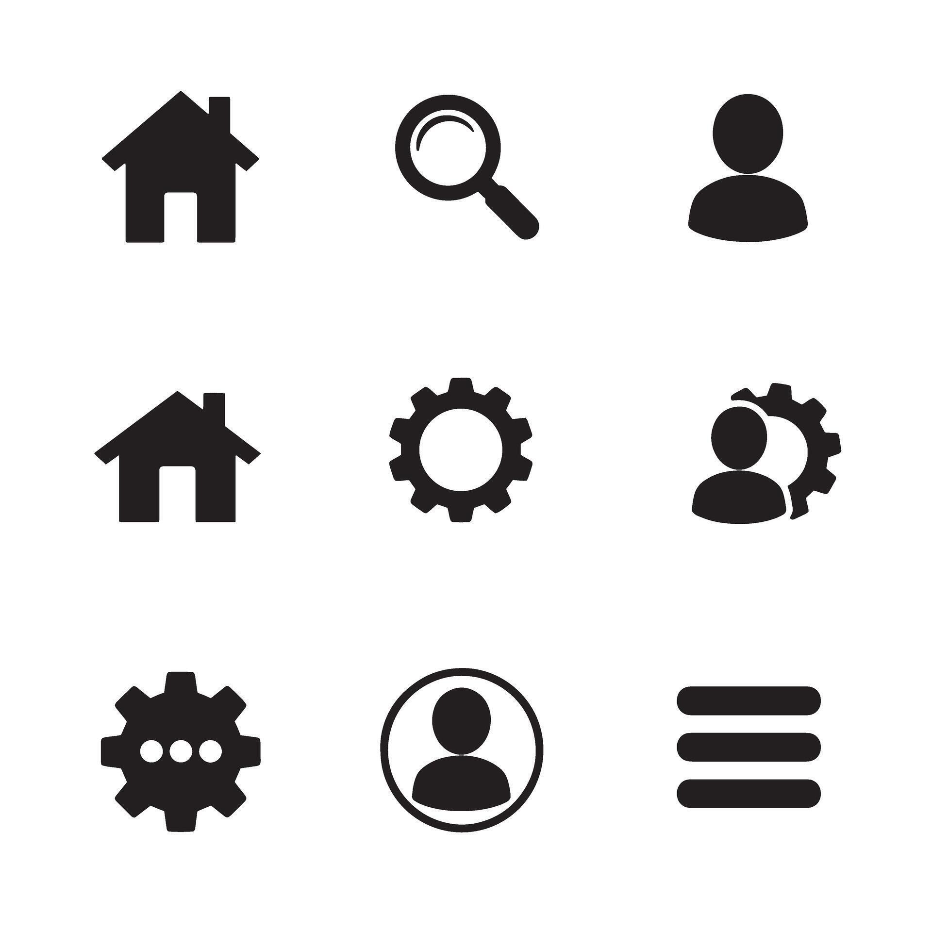 Collection of modern silhouette style icons representing essential ...