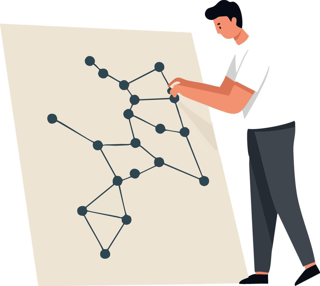 Man Connecting Dots On Large Network Diagram For Data Analysis And Technology Illustration