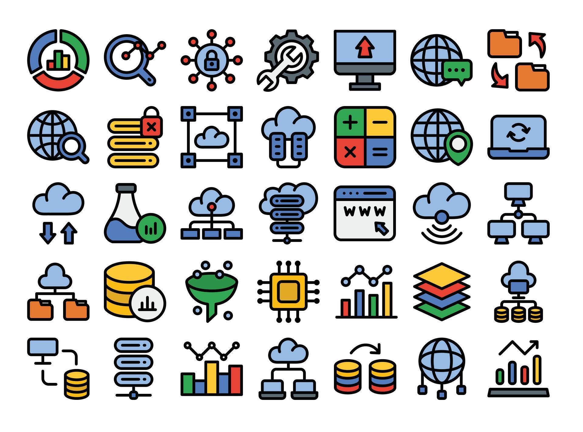 Database filled outline icons set.Data analysis, statistics, analytics web signs.Stock ...
