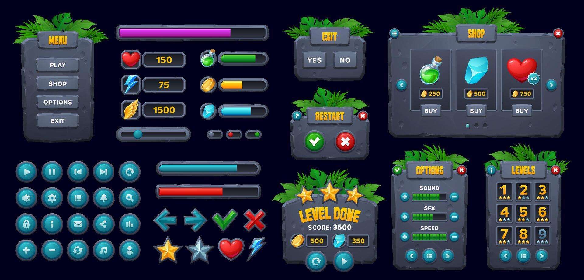Game UI, jungle forest stone interface buttons 65952393 Vector Art at Vecteezy