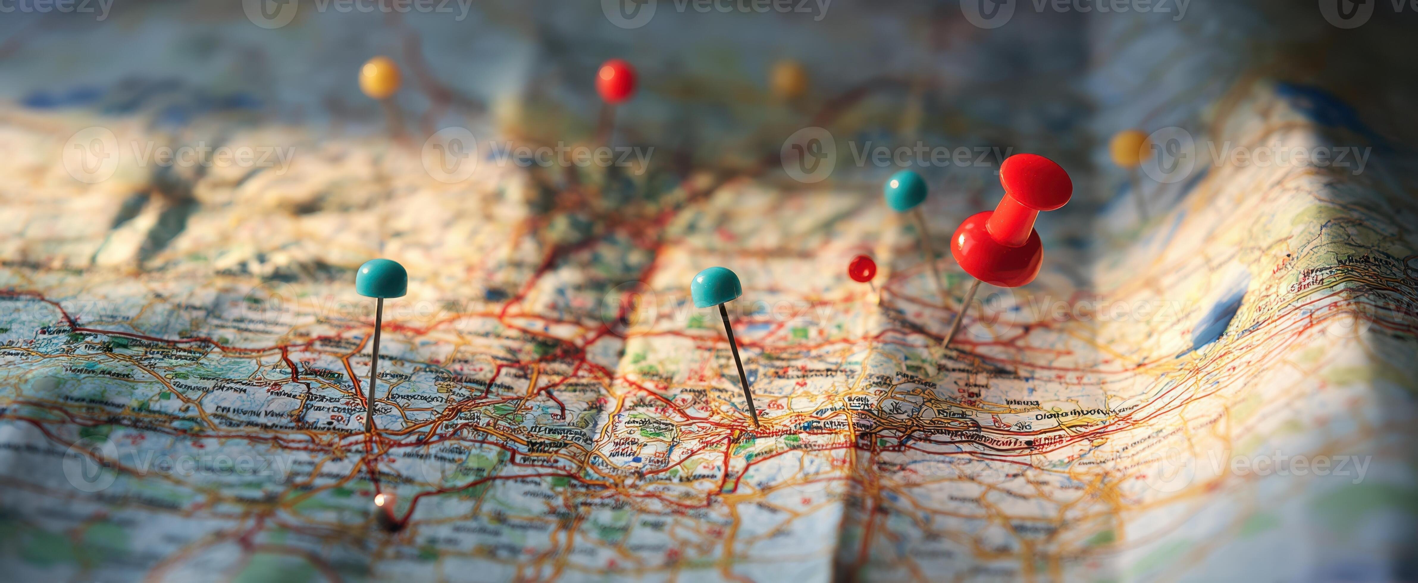 The colorful pins marking important locations on a detailed travel map ...