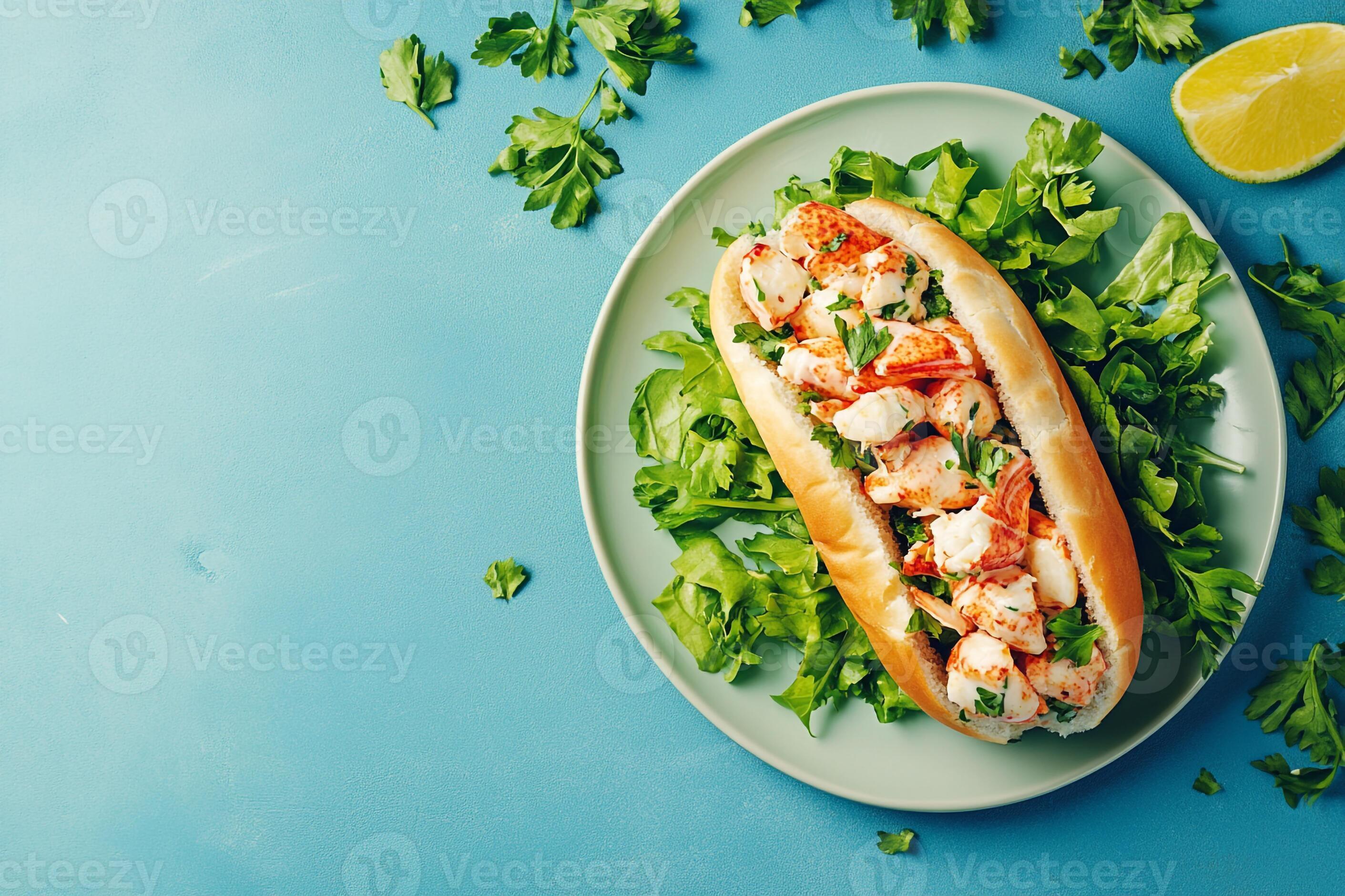 Top View Of Lobster Roll With Butter On Vibrant Background With Copy Space, Cuisine Photography ...
