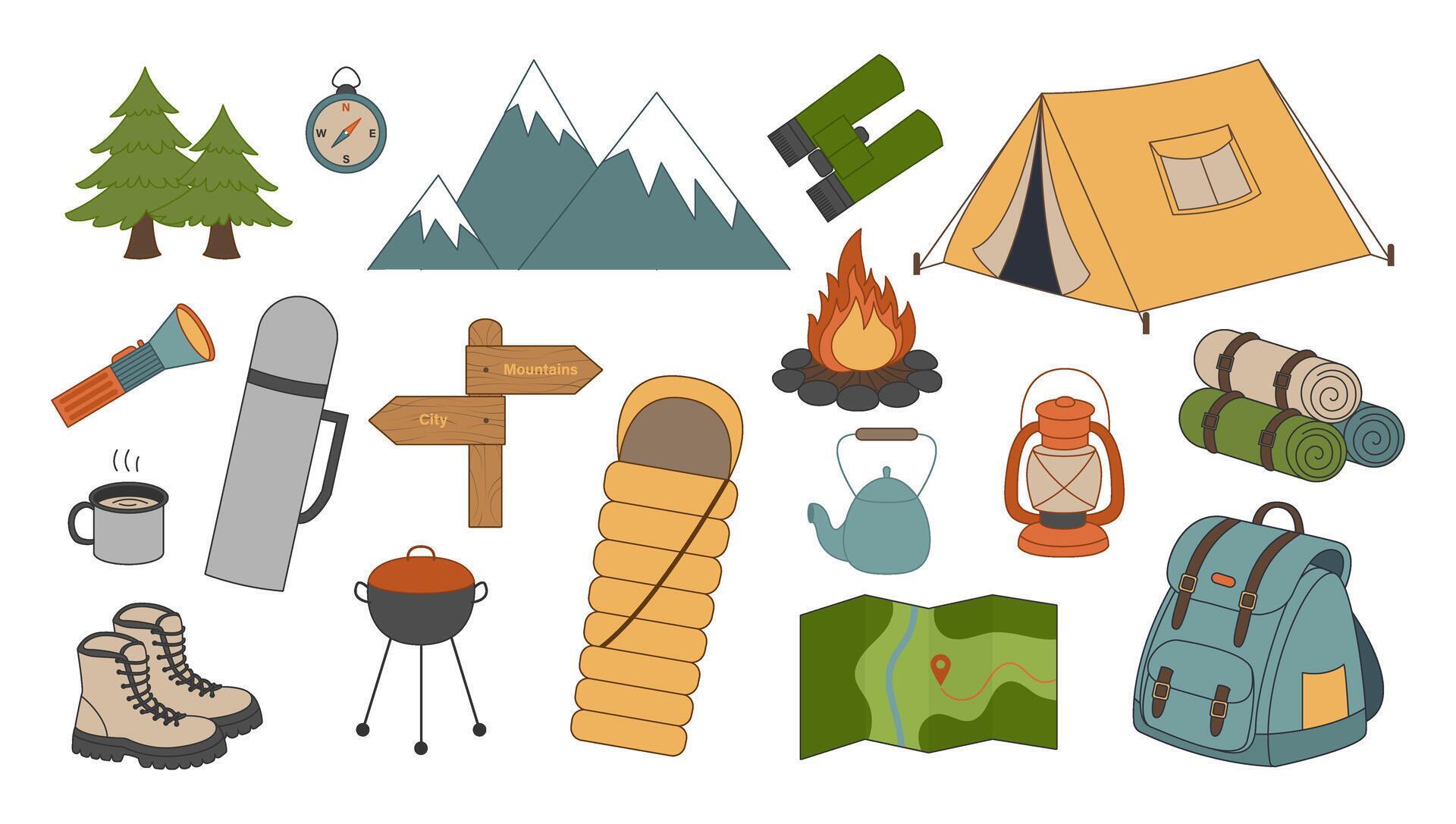 Camping and hiking equipment clipart set. Campfire, bag, lantern ...