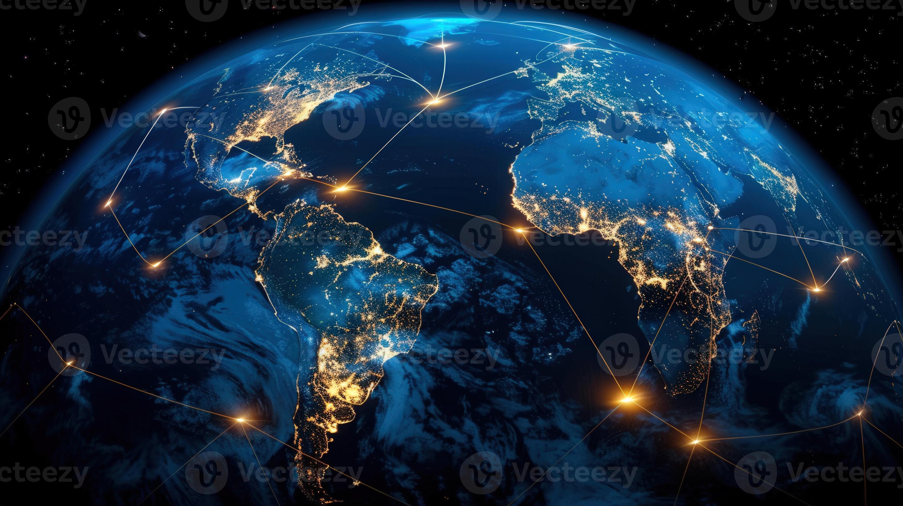 Stunning visualization of global internet data flow over the illuminated earth at night ...