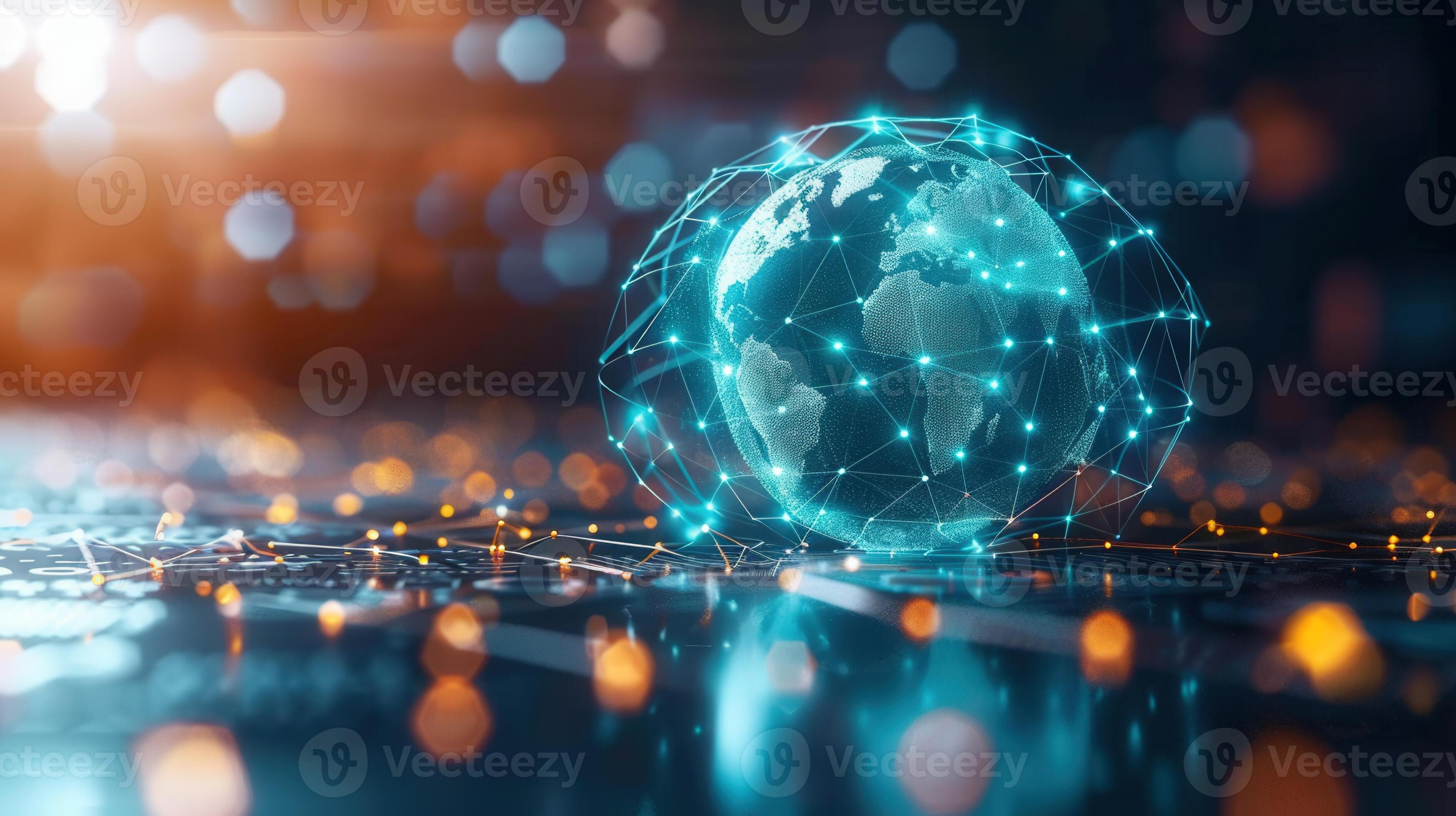 An abstract digital globe with connected network, representing global data and technology ...