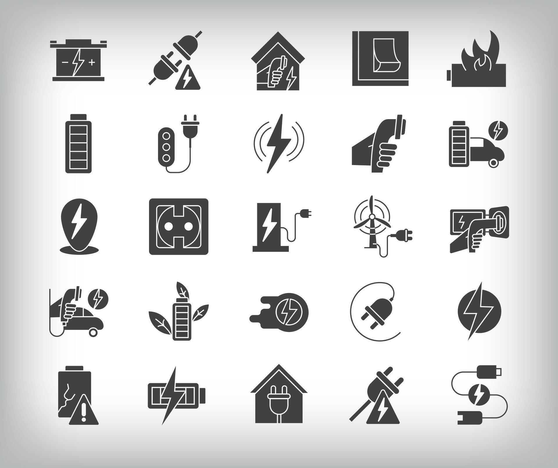 Socket, charging location, green energy, battery and electricity generation design. 25 flat fill ...