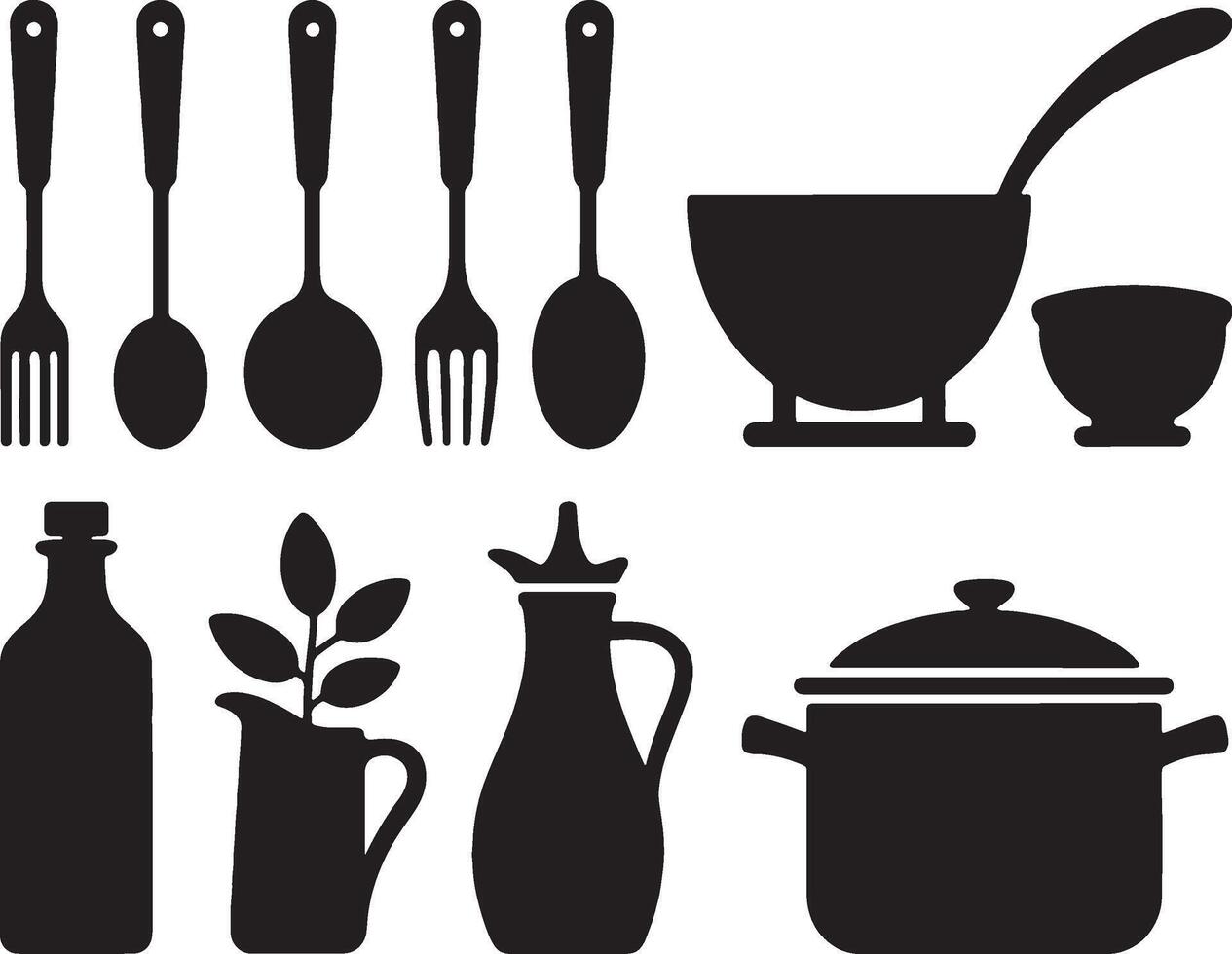 Kitchen utensils cooking tools silhouettes set 66119989 Vector Art at ...