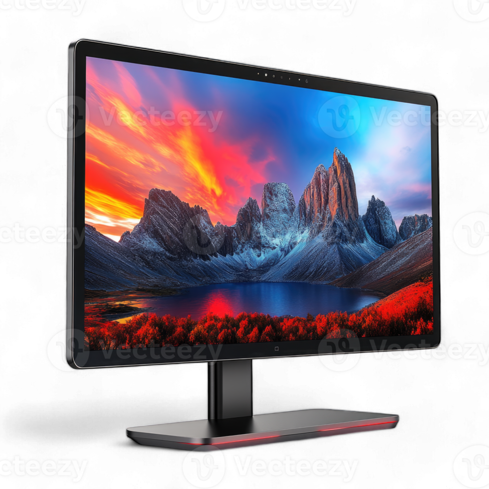 High-resolution computer monitor displaying a vivid landscape at sunset ...