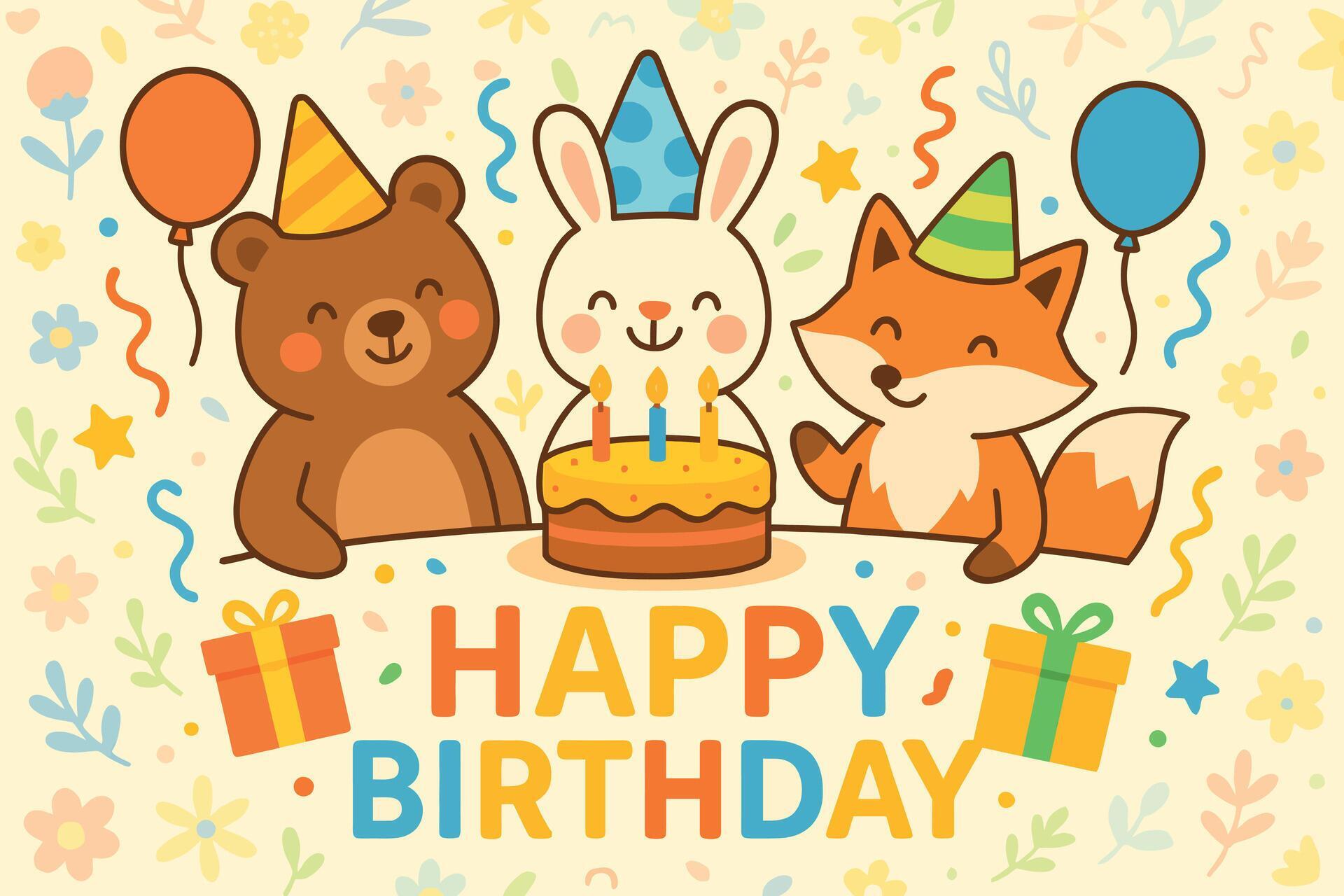 Cute Animal Party Happy Birthday Scene 66166413 Vector Art at Vecteezy