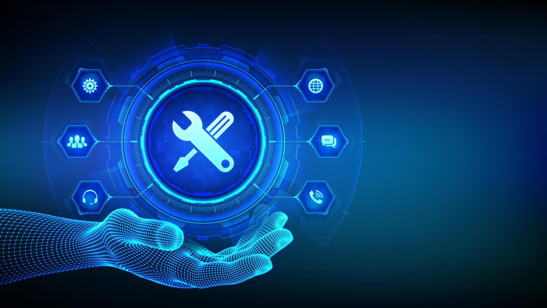 Technical support icon in wireframe hand. Customer help. Tech support. Customer service ...