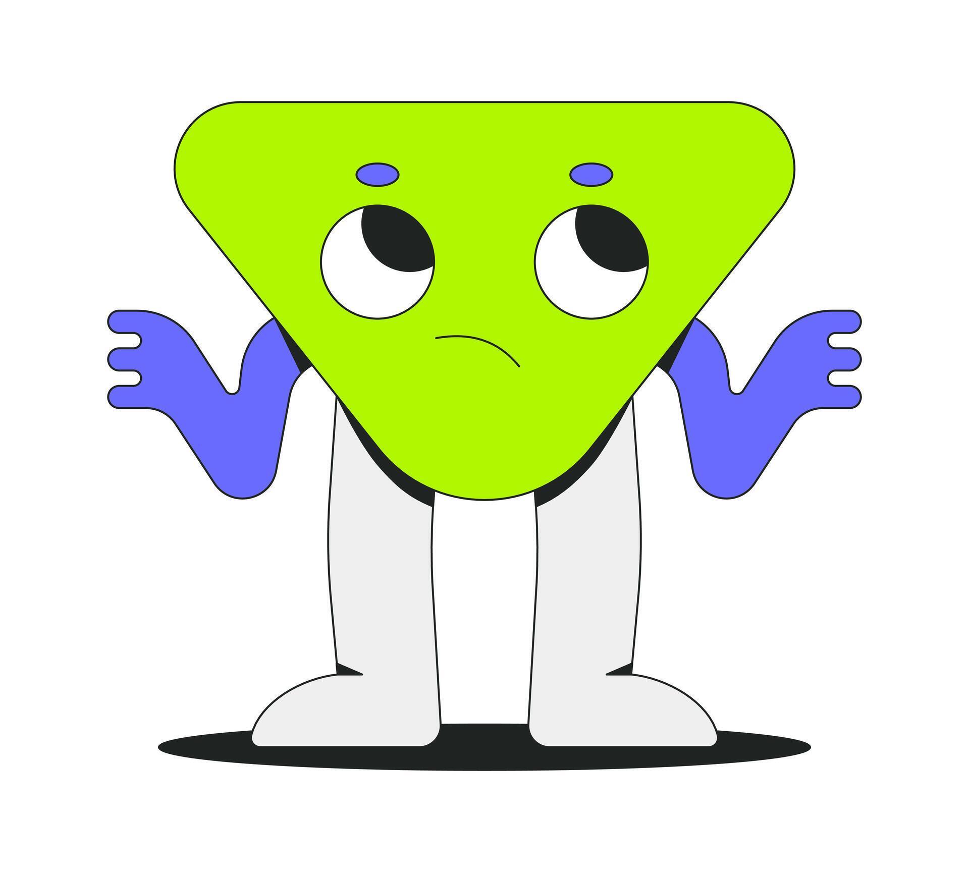 Confused groovy triangle character shrugging 2D onboarding ui illustration. Retro 70s triangular ...