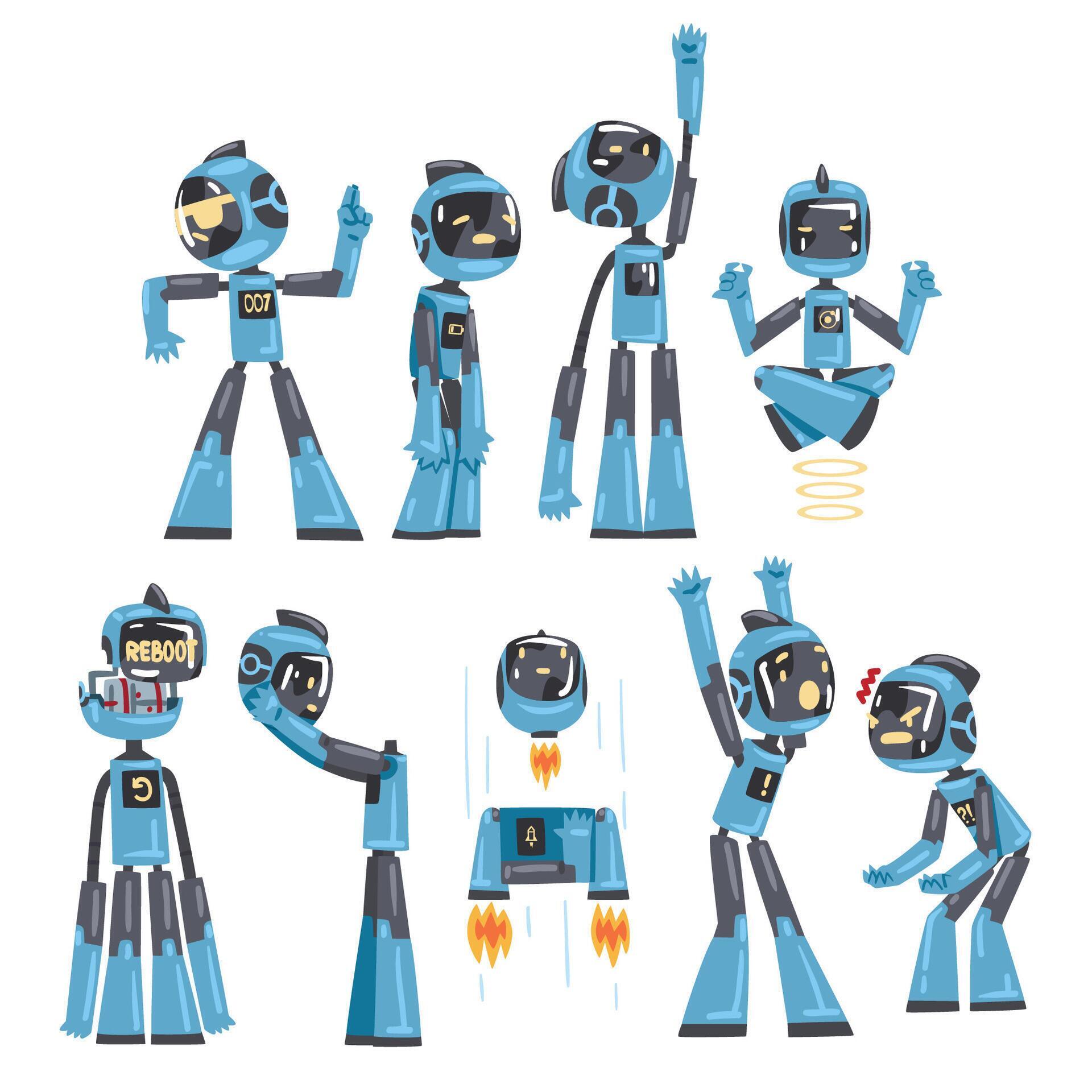 Friendly Robots Set, Funny Robotics Character in Different Situations, Artificial Intelligence ...