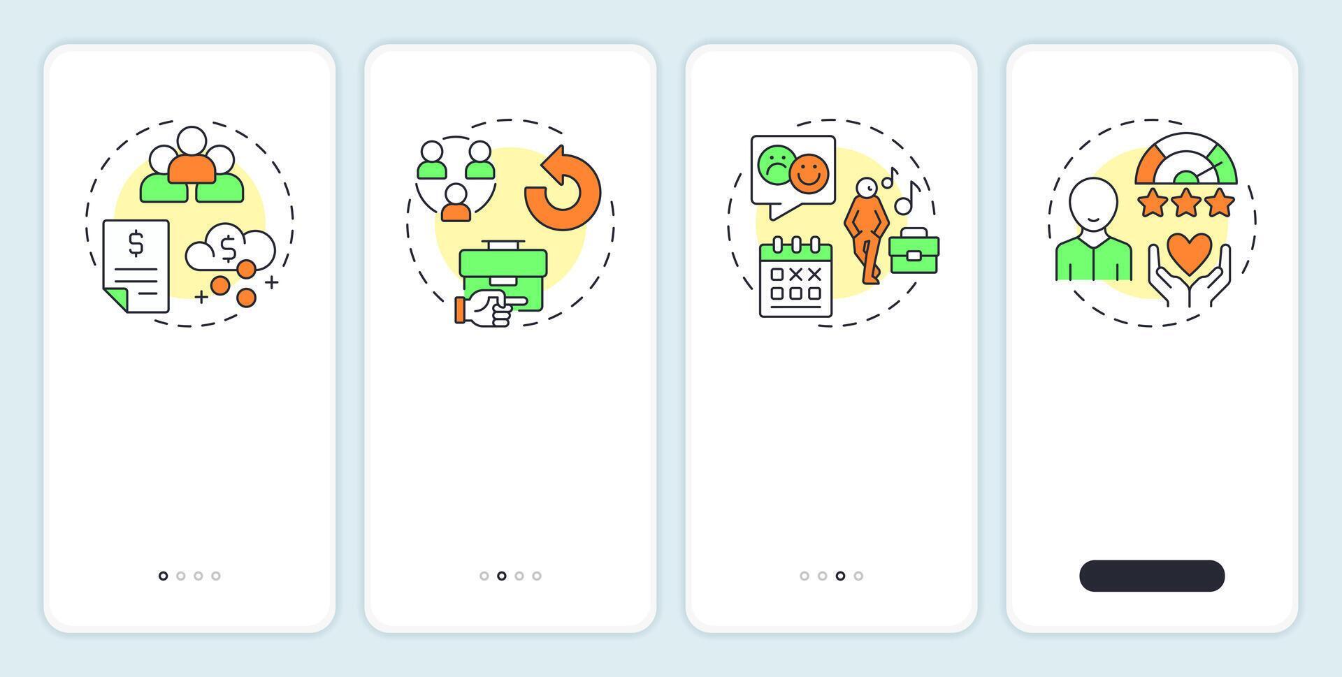 Performance and engagement onboarding mobile app screen. HR management ...