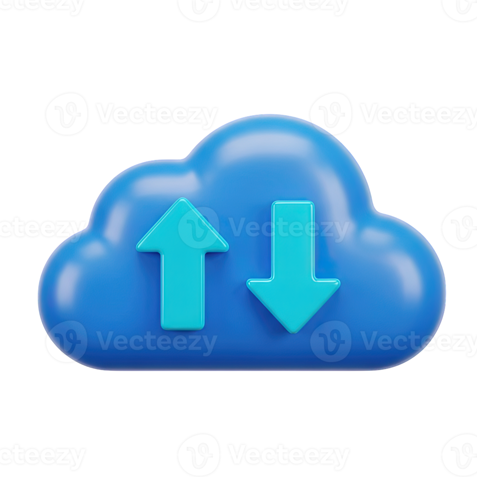 Cloud data transfer 3D icon Blue cloud with up and down arrows symbolizing data synchronization ...